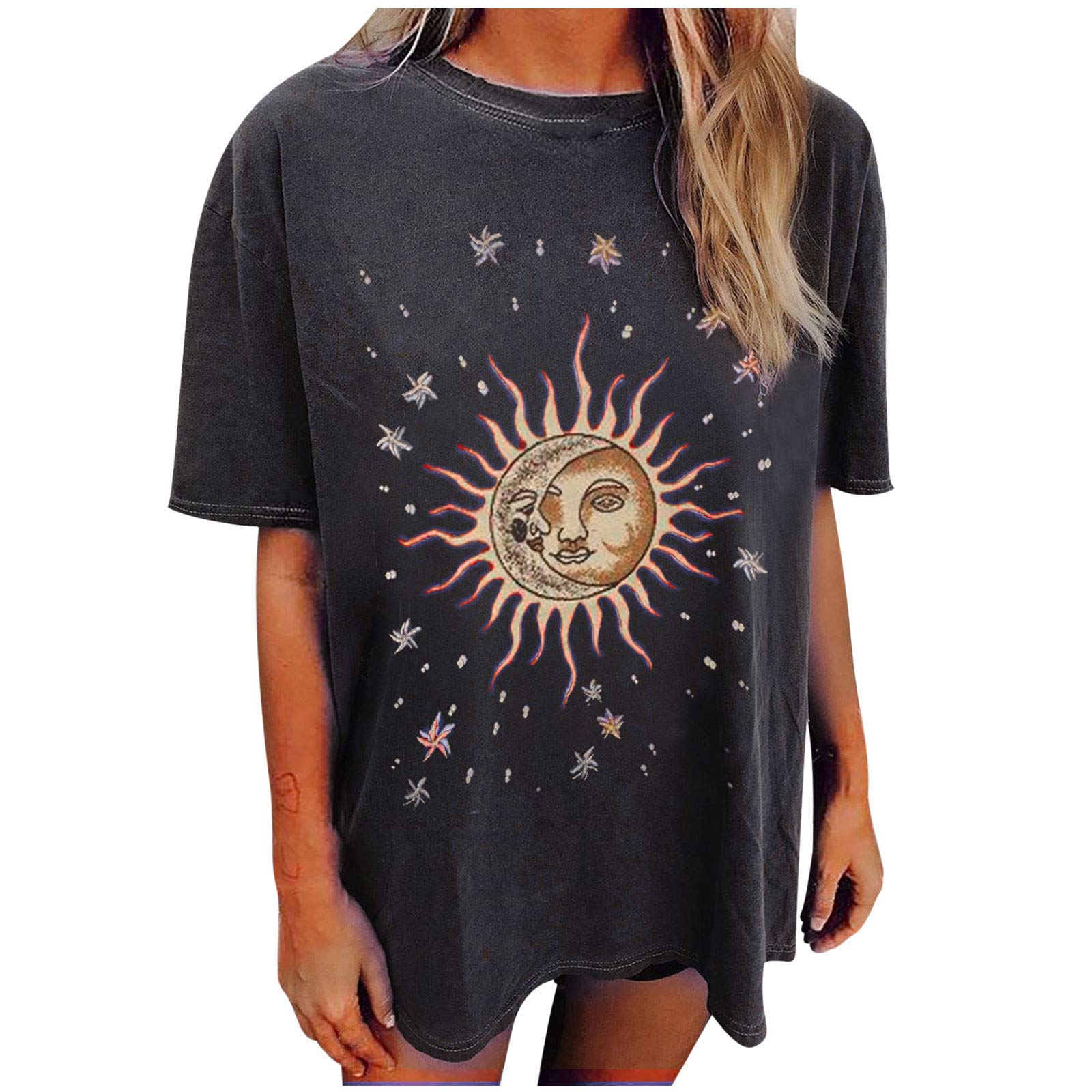 Printed Short Sun Women's Pattern Vintage Moon Blouse and Tops Sleeve Casual Women's Blouse Women's Active Shorts Dark Gray