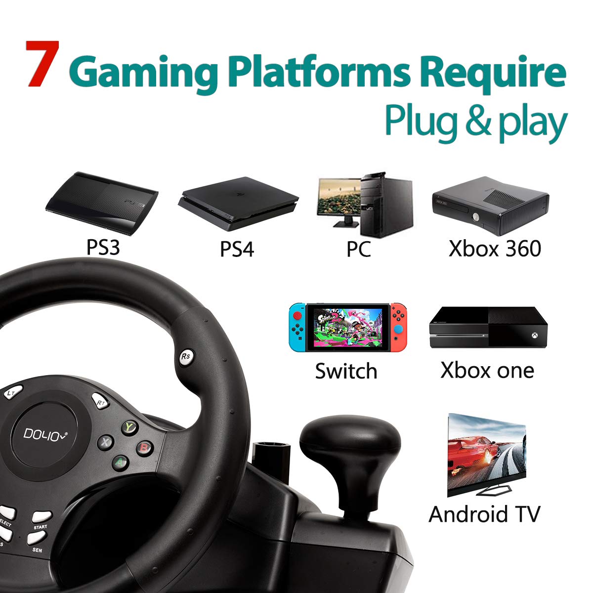 PC Racing Wheel, 270 Degree Gaming Steering Wheel with Responsive Gear and Pedals for Xbox Series X|S, PC, PS4, Xbox One, Nintendo Switch, Android (Black)