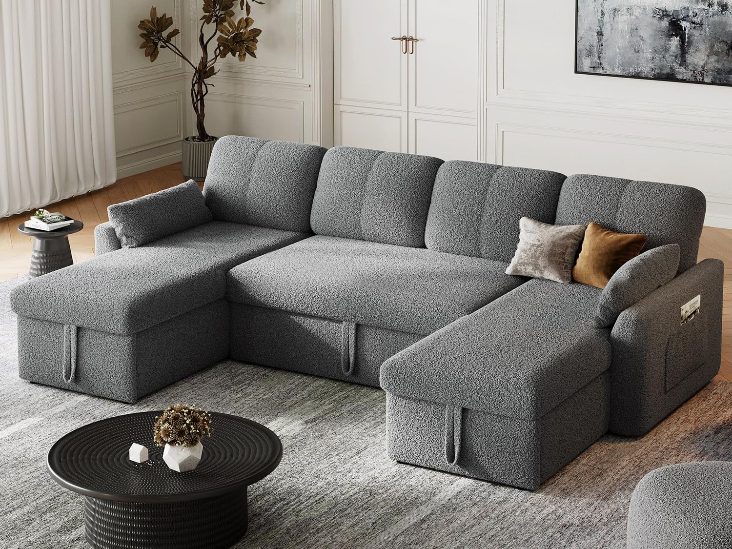 YITAHOME 105" Oversized Sleeper Sofa, 2 in 1 Convertible Sofa Bed with Pull Out Couch Bed and Dual Storage Chaise, U-Shape Sectional Sofa for Living Room, Teddy Fleece, Grey