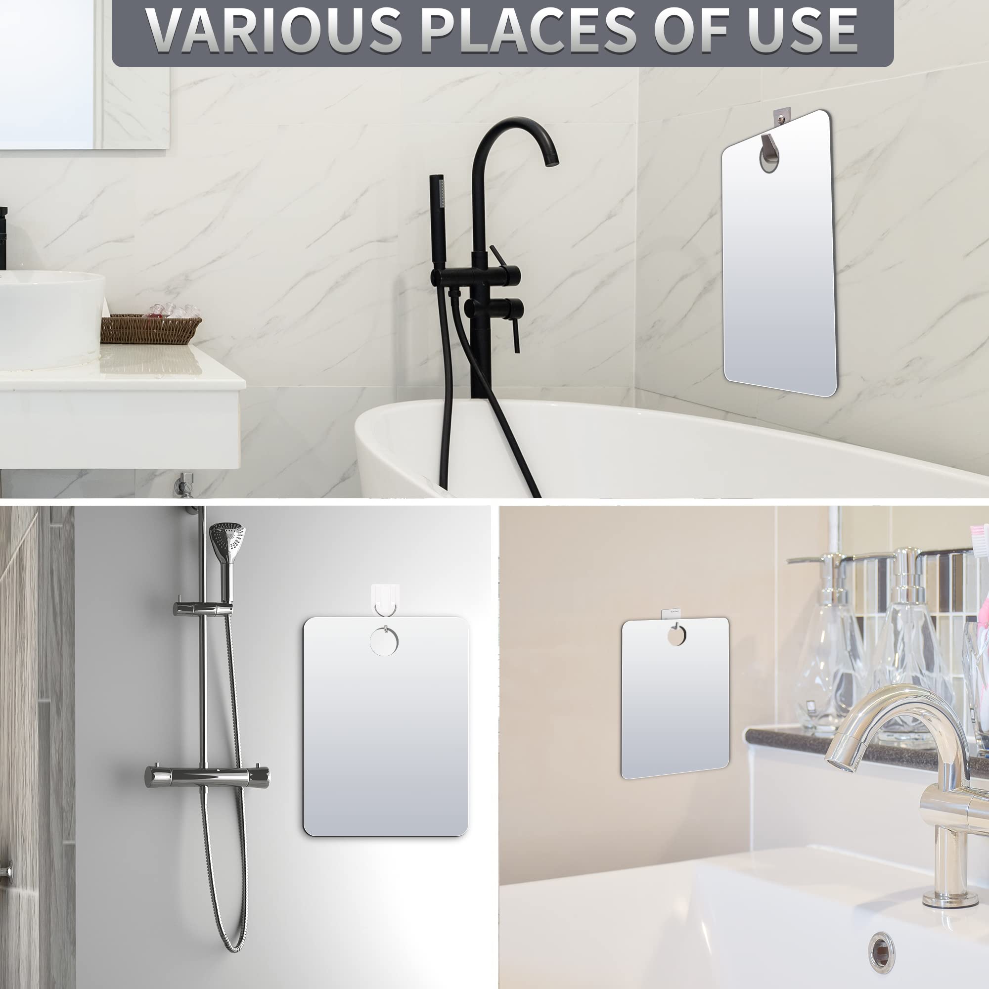 SHATTER MIRROS 2 Pack Shower Mirror Fogless Shaving, 8''x6''Medium Wall Camping, Frameless Portable Hanging Travel Mirrors, Handheld Locker, Makeup Plastic, Anti Fog Free Shave, Bathroom, Silver