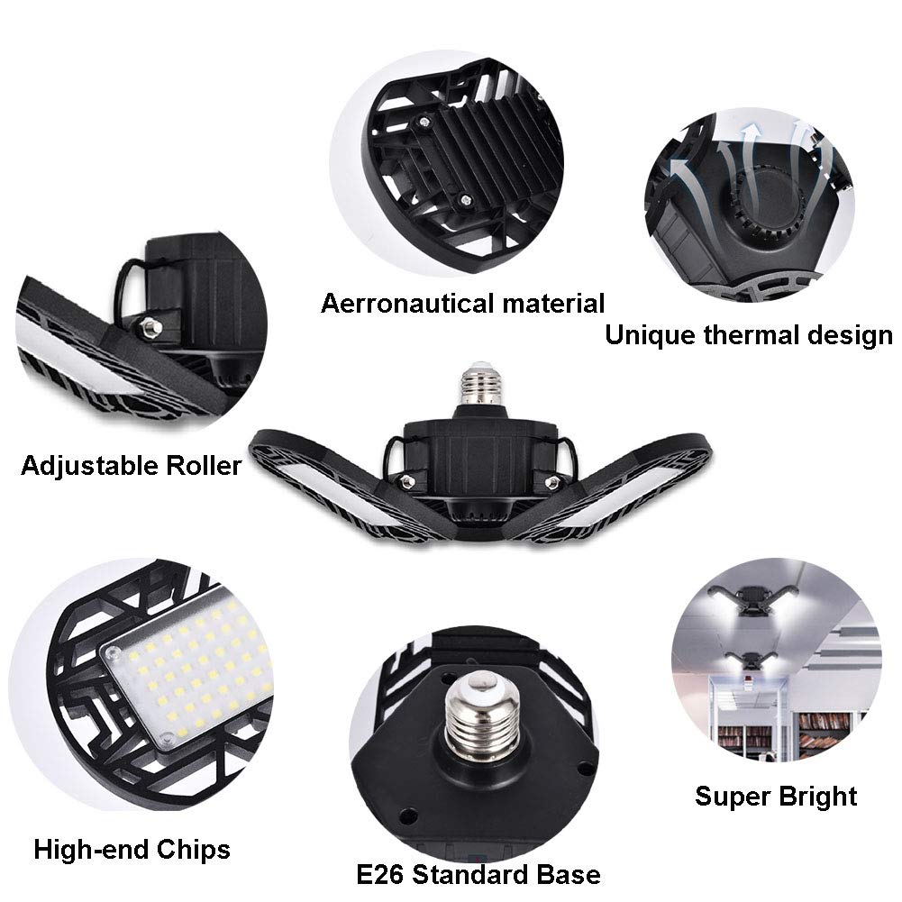 LED Garage Light 60W Garage Ceiling LED Lights 6500 Lumen Adjustable Panels Garage Ceiling Light for Warehouse Workshop Basement