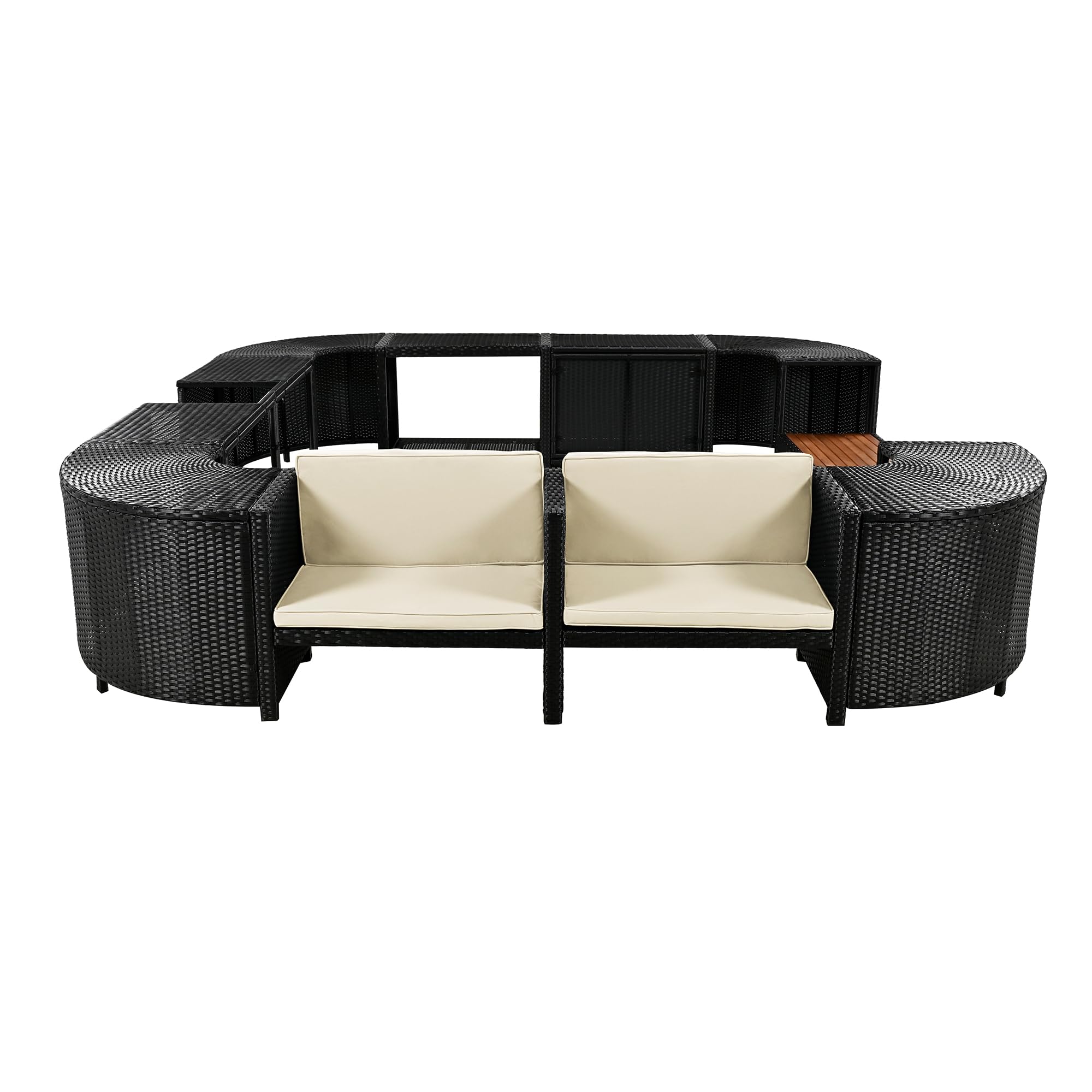 UD.houselife Spa Surround Spa Frame Quadrilateral Outdoor Rattan Sectional Sofa Set with Mini Sofa,Wooden Seats and Storage Spaces (Beige)