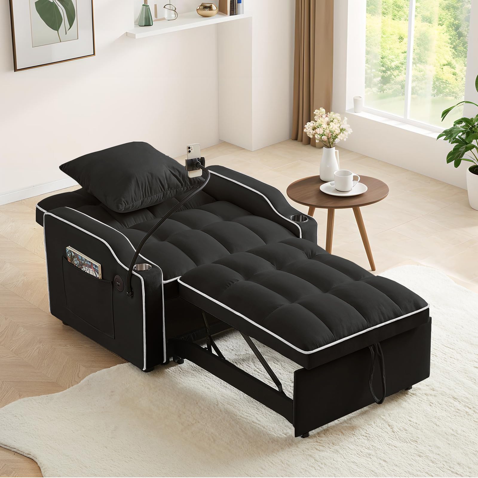 Sleeper Chair Bed,3 in 1 Velvet Convertible Single Pull Out Couch Bed with Phone Holder&USB/Type C Ports,Adjustable Backrest Chaise Lounge Armchair Sofa Bed for Living Room,Office,Small Places(Black)