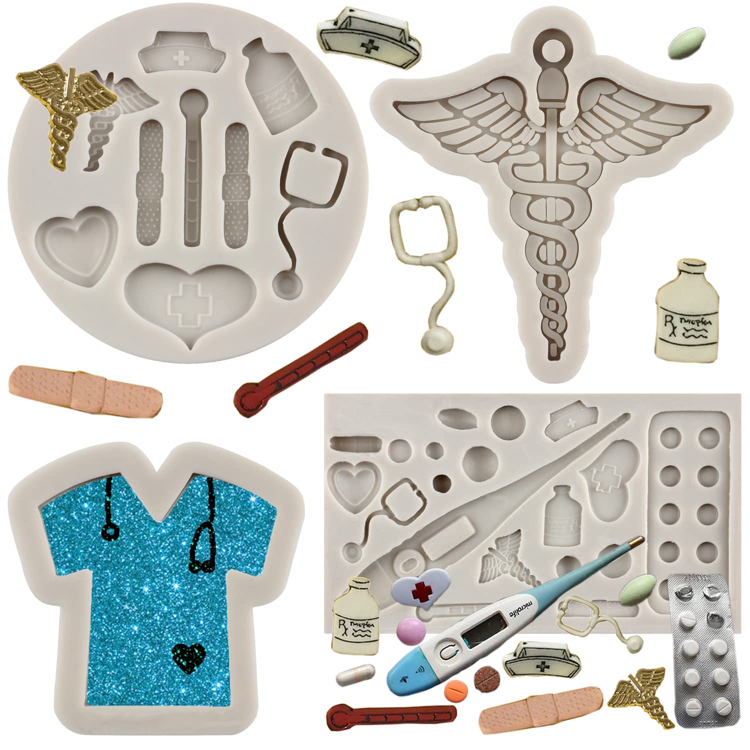 MYPRACS Medical Apparatus Tablet Silicone Mold Nurse Hat Stethoscope Pill Bottle Bandage Thermometer Medical Fondant Mold For Cake Decorating Cupcake Topper Candy Chocolate Gum Paste Clay Set Of 4