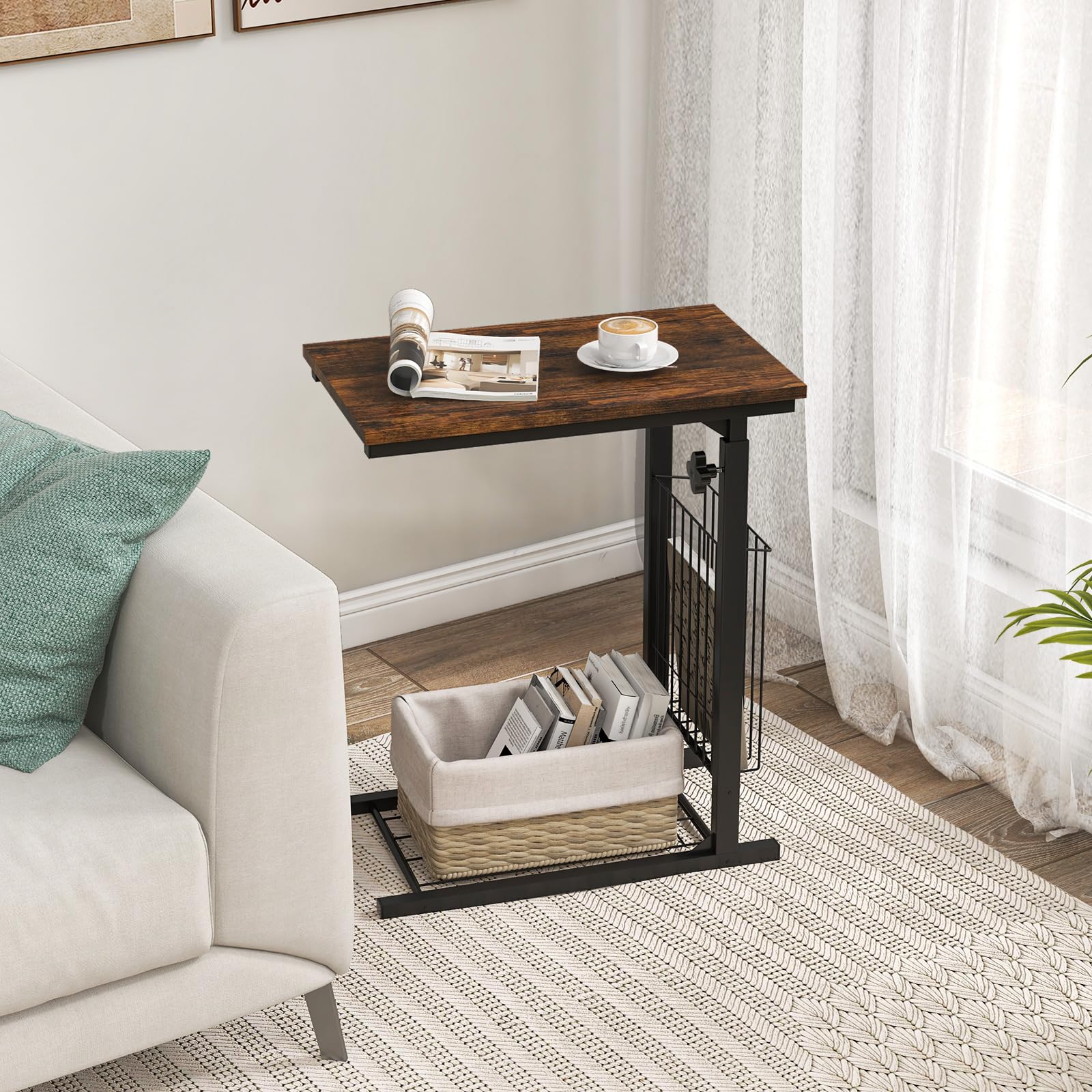 Tangkula Rolling Height Adjustable C Table, Mobile End Table with Detachable Wheels, Side Basket and Bottom Mesh Storage, Space-Saving Slide Under Sofa Table for Living Room Bedroom