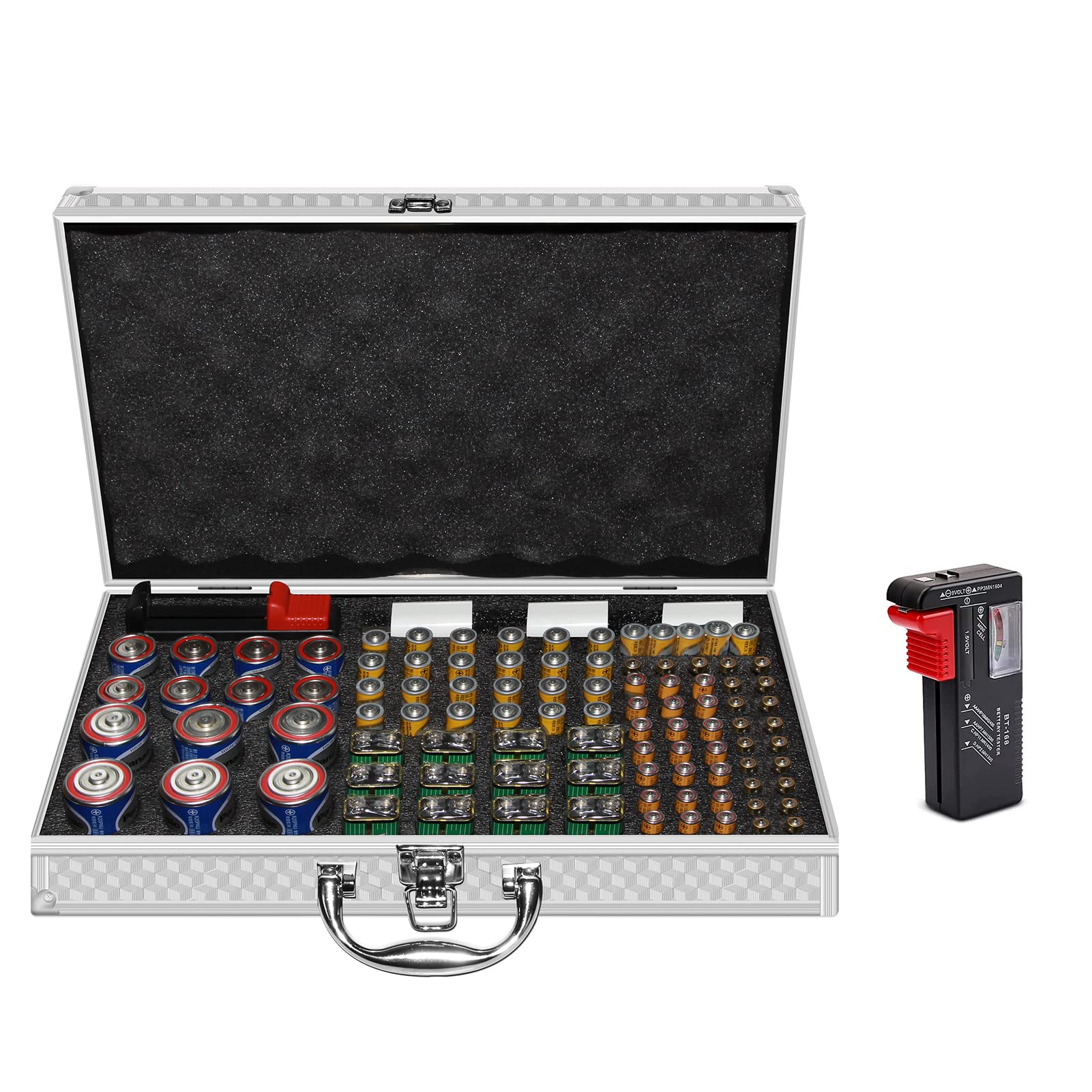 SSS·GRGB Hard Battery Organizer Storage Box - Holds 100+ Batteries + Battery Tester | Durable | Waterproof & Shockproof | Organize and Store AA AAA C D 9V Batteries (Hexagonal Twill, Silver-1)