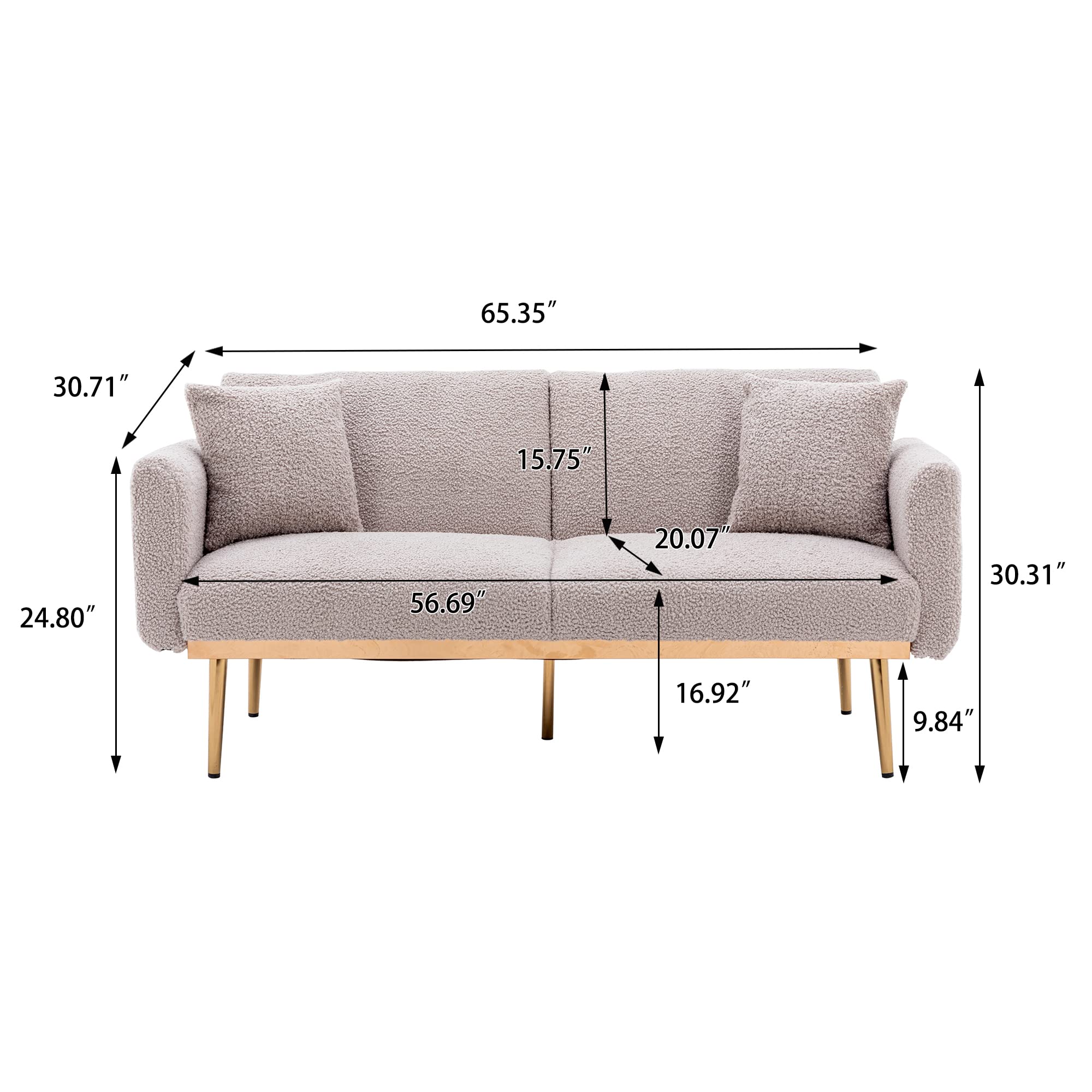 SZLIZCCC Accent Sofa, Mid Century Modern Teddy Velvet Fabric Couch, Convertible Futon Sofa Bed ,Recliner Couch Accent Sofa Loveseat Sofa with Gold Metal Feet (White Teddy)