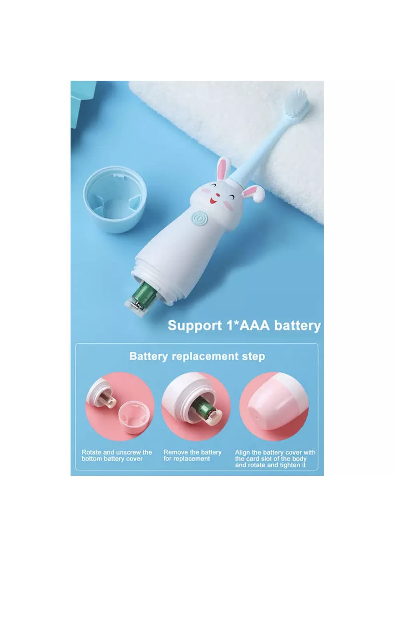 Soft Bristles Vibration Electric Toothbrush 2023 IPX5 Waterproof Rabbit Shape Funny Kids Toothbrush Oral Care Includes 3 Brush Heads and Battery
