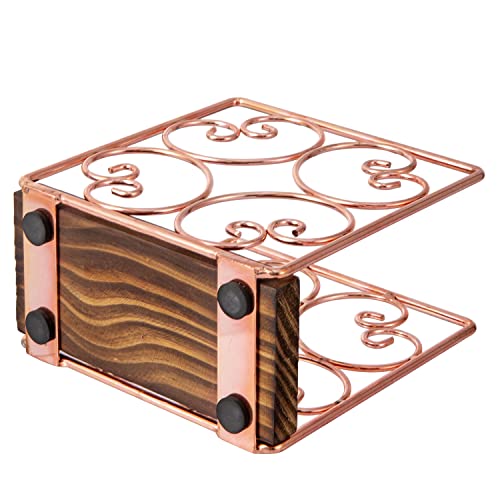 MyGift Copper Tone Metal Wire Napkin Holder with Rustic Burnt Wood Base - Upright Serviette Dispenser Rack with Vintage Style Scrollwork Design
