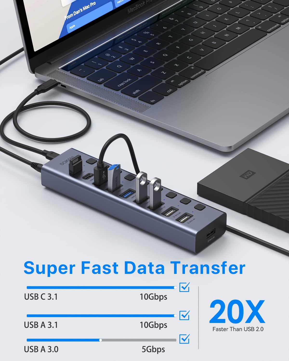 Powered USB Hub 3.0/3.1- Sokiwi USB Hub- Aluminum USB Port Hub Expender- USB C Hub Splitter with Individual On/Off Switches for Laptop/PC