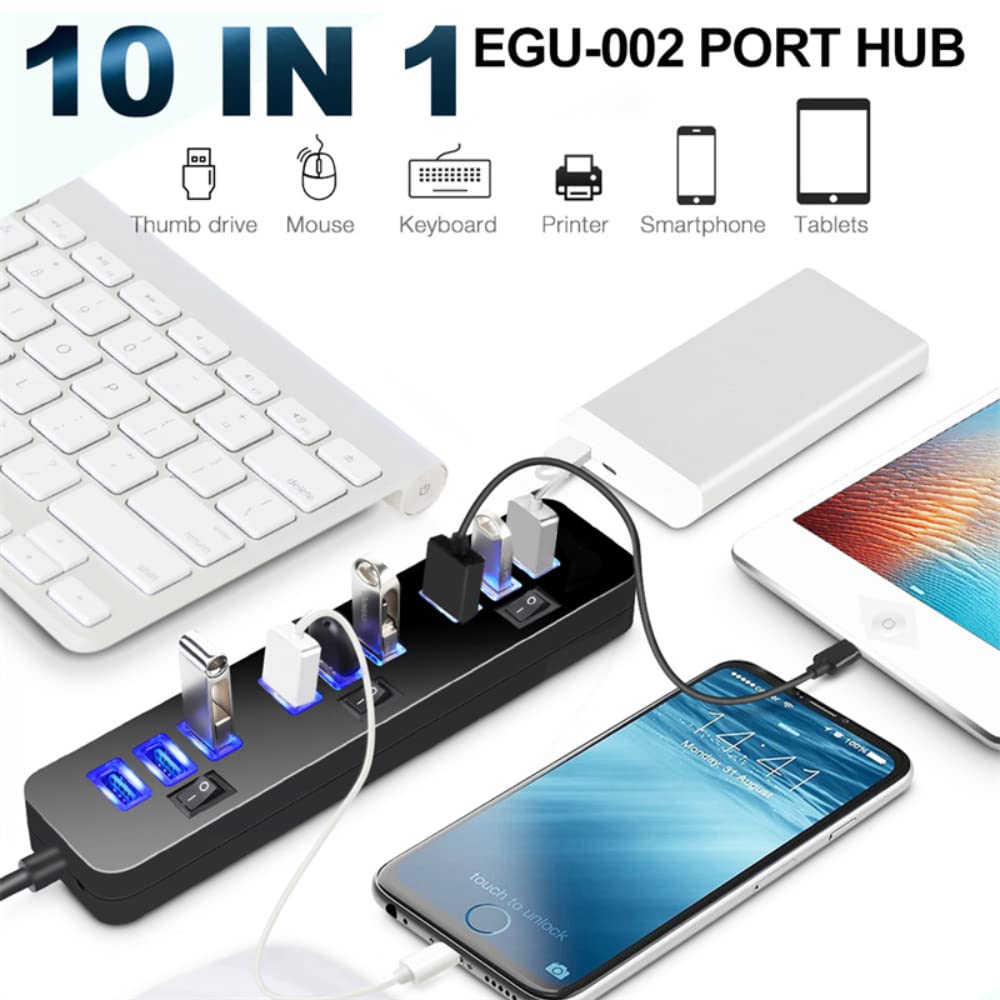 Powered USB 3.0 Hub, Adapter USB Extension, 9 Ports USB Data Hub Splitter with 1 Smart Charging Port and 3 ON/Off Switches, 5V/4A Power Adapter USB Extension for MacBook, Mac Pro/Mini etc