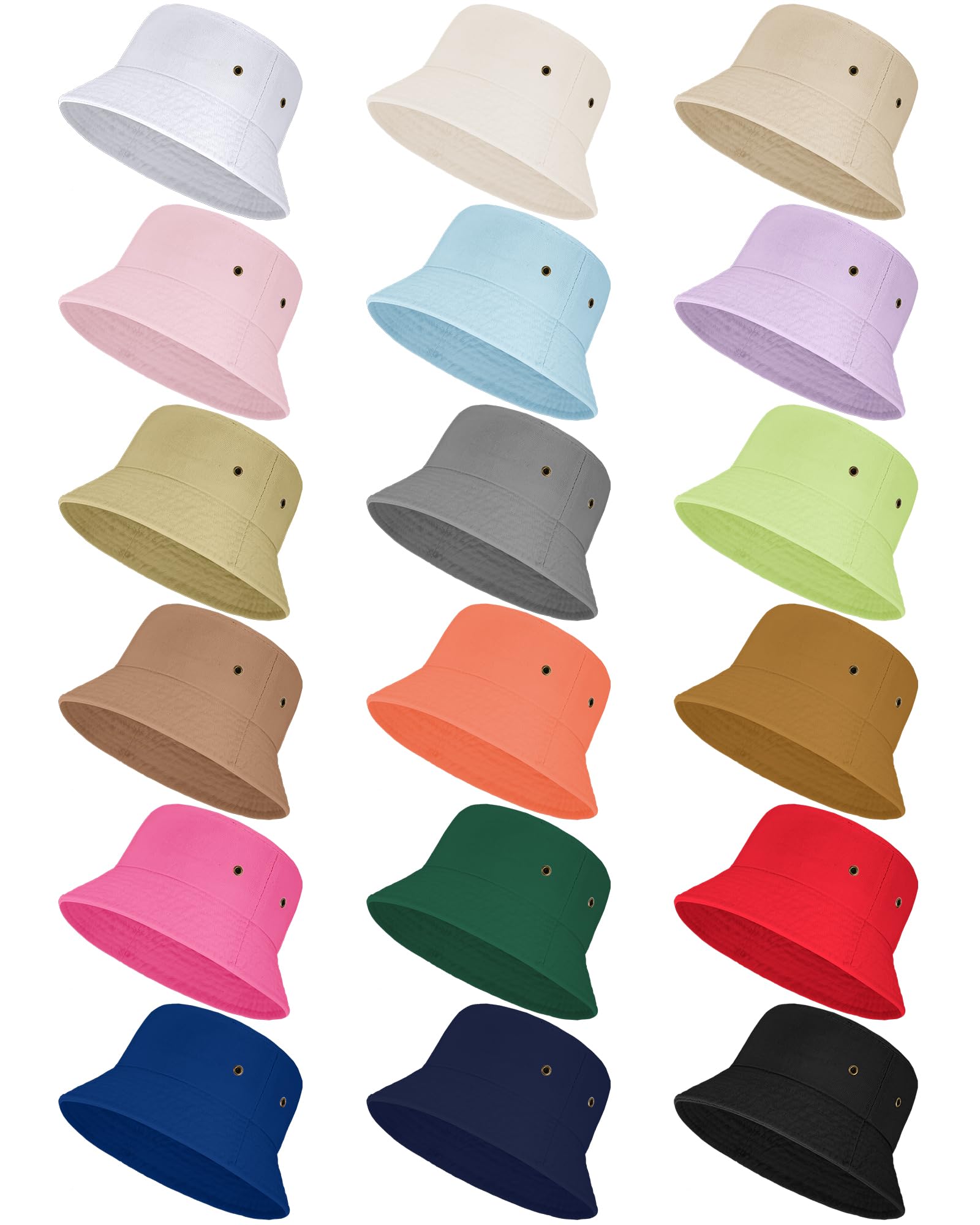 ramede 18 Pcs Bucket Hat Bulk Solid Color Hats Unisex Summer Beach Fishmen Cotton Packable Outdoor Bucket Cap for Women Men(Vivid Colors)