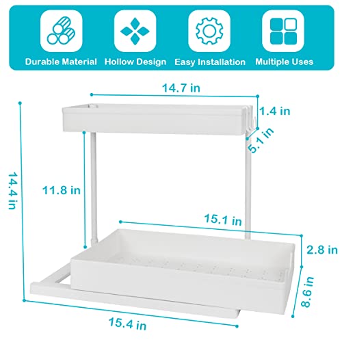 MILILOVE Under Sink Storage Organizers, Bathroom Countertop Organizer, 2-Tier Sliding Kitchen Cabinet Organization, with Hooks, Multi-purpose Shelf Organizer, For Kitchen Bathroom Bedroom Office