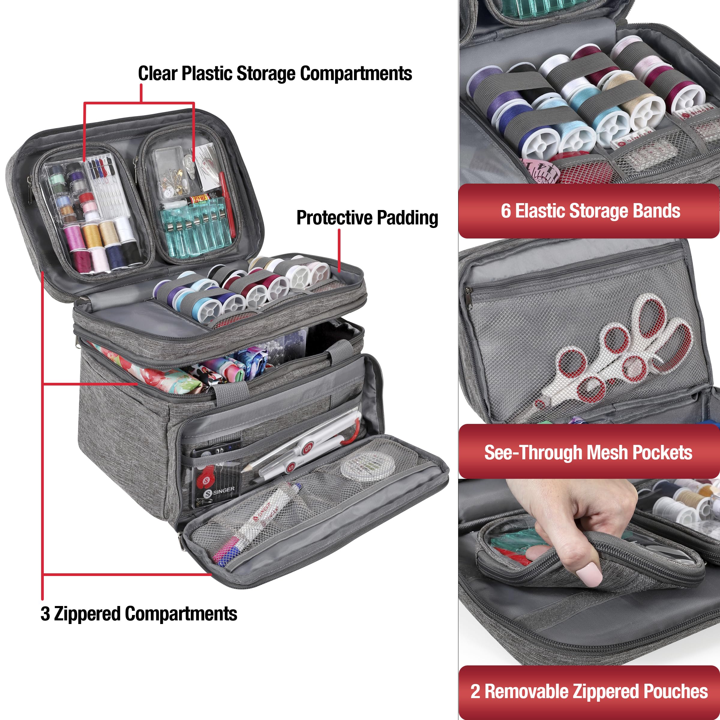 SINGER Sewing Accessories Organizer (Bag Only) β Double Layer Portable Sewing Storage Bag | 2 Detachable Pouches and 18 Compartments, Large Sewing Supplies & Crafting Carry-all (Gray)