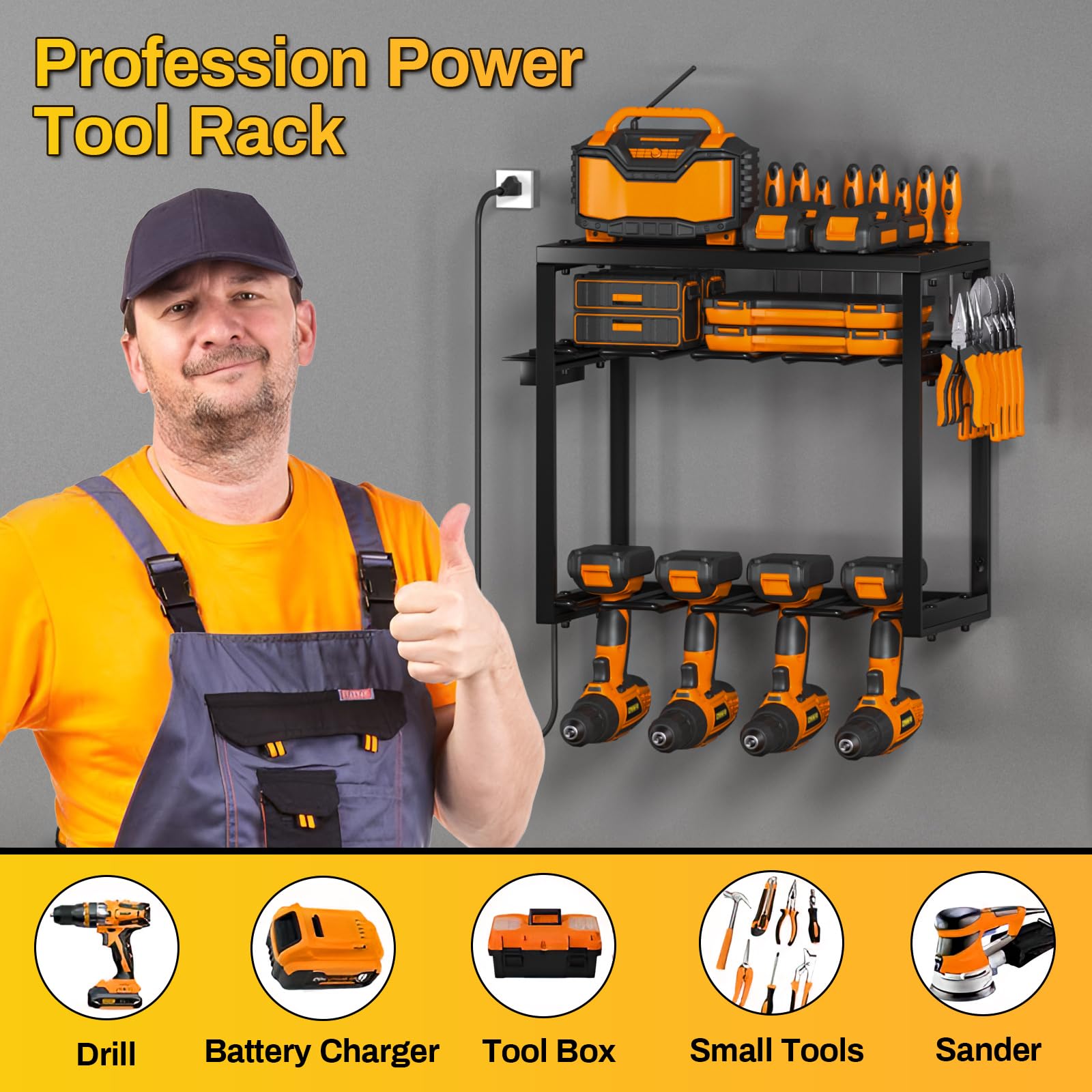 Power Tool Organizer Wall Mount, 3 Layers Drill Holder With Charging Station, Heavy Duty Garage Tool Storage,Utility Racks Shelf for Tool Batteries, Screwdriver, Wrench
