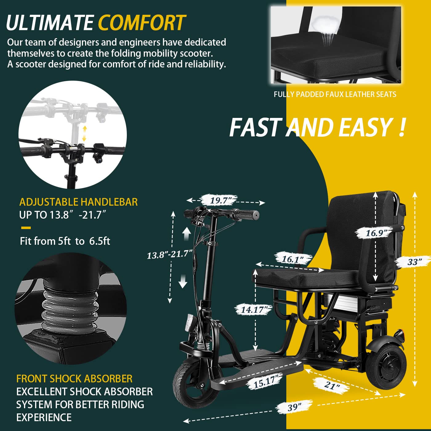 New Upgrade Folding Mobility Scooters, Lightweight Scooter Mobility for Adults, No Assembly Required, 20Miles Mobility Scooters for Adults, 3 Wheel Lightweight Mobility Scooter