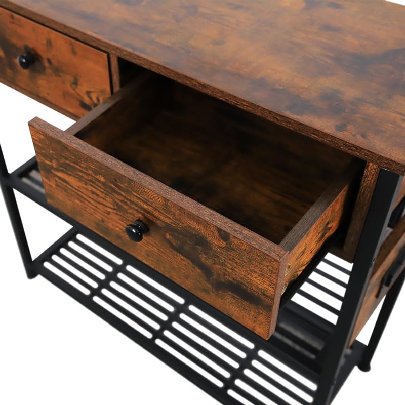 HESIEU Farmhouse Console Table Narrow Sofa Table with 2 Drawers 2 Shelves Coffee Bar Collection Table with Power Sockets and USB Ports for Entrance Hallway Living Room Dining Room