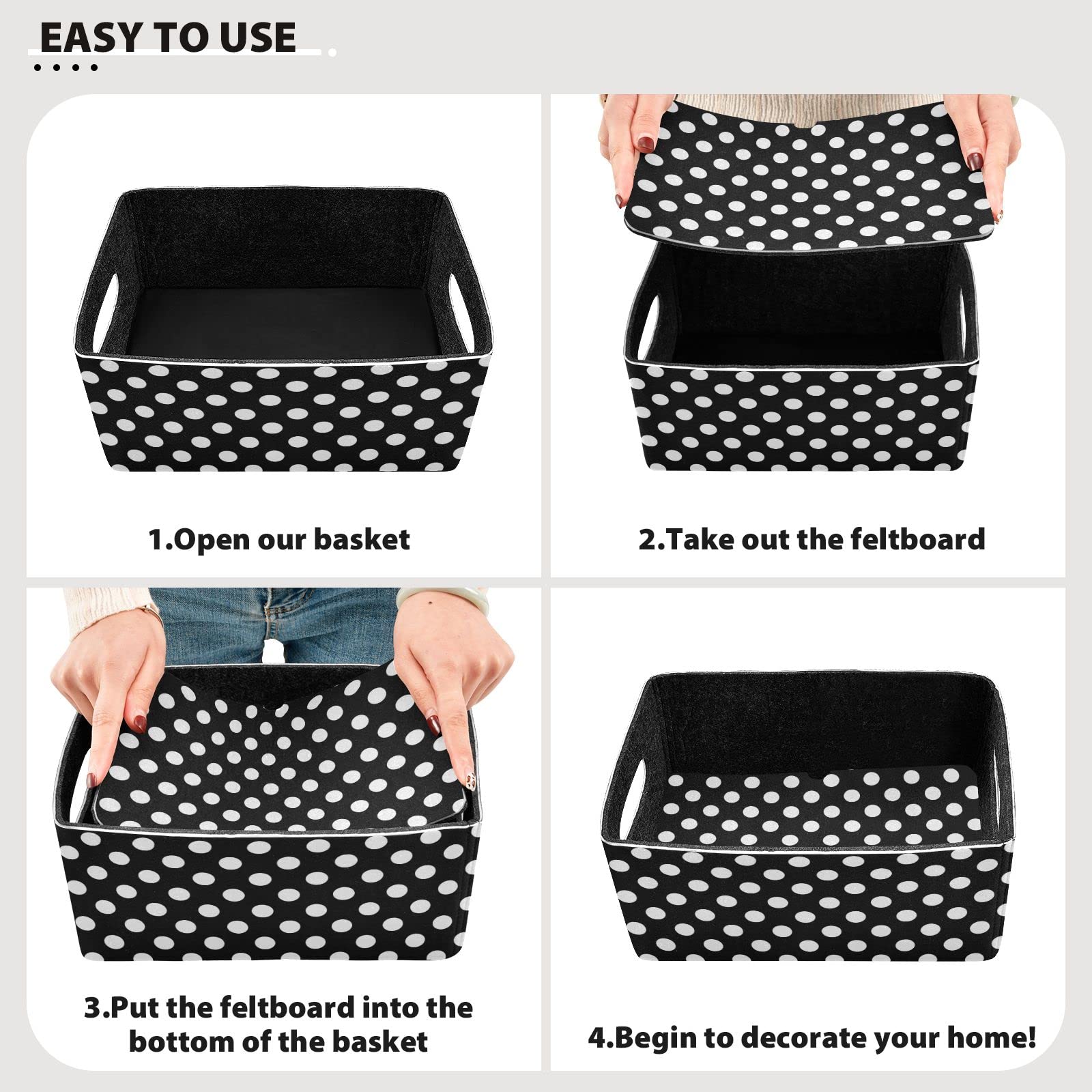 linqin Big Polka Dot Black White Collapsible Storage Bins Baskets, 2 Pack Foldable Felt Fabric Organizer Decorative Cube Box for Nursery Home Shelves Closet