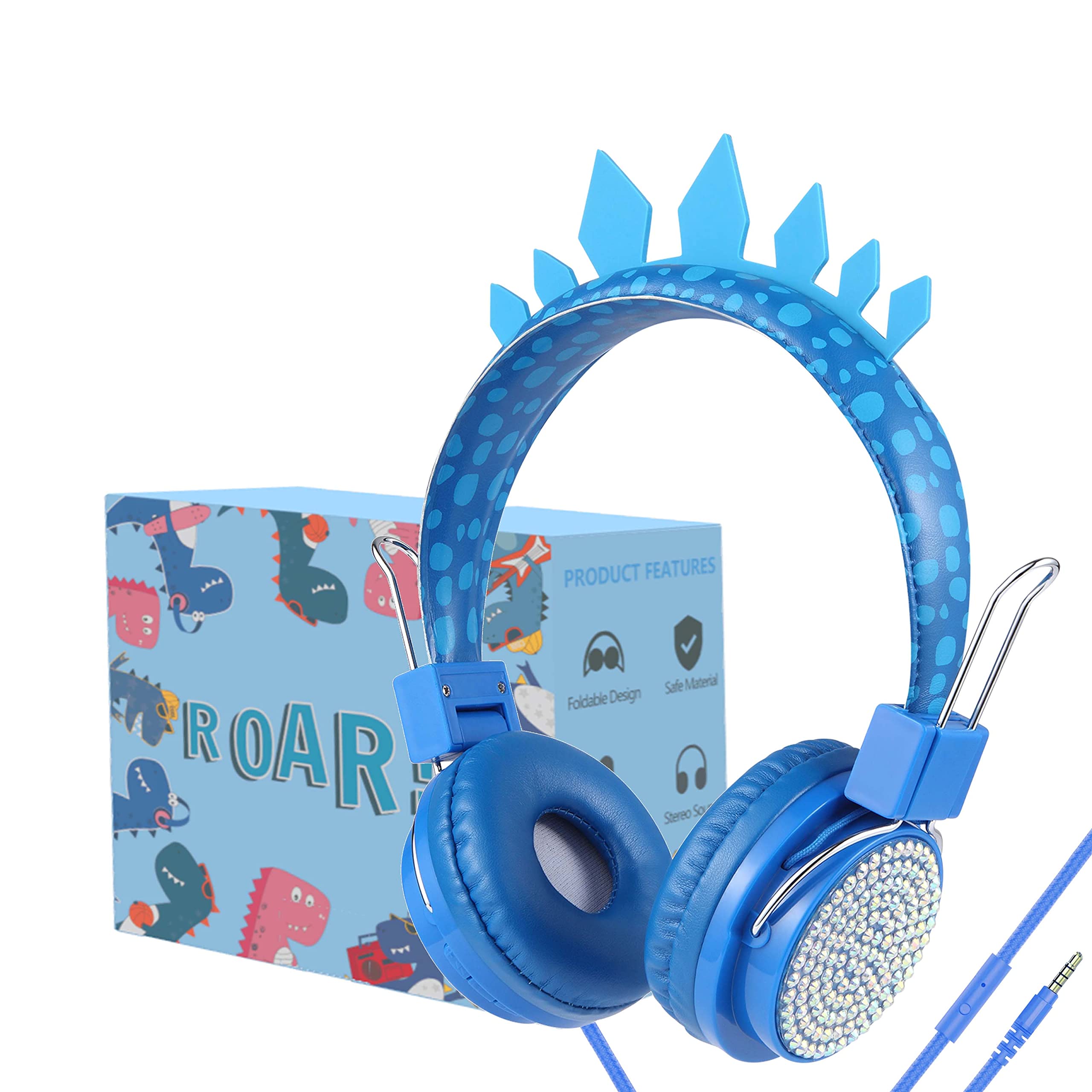 Soosooly Kids Headphones with Microphone,95dB Max Volume,Nylon Cable,Adjustable Wired Over-Ear Headset for Online Study,School, Kindle,Tablet,PC,Laptop(Dinosaurs,Blue)