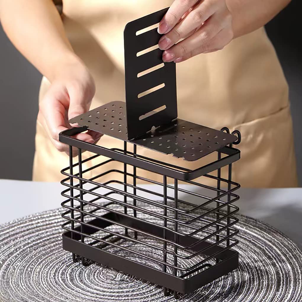 LLygezze Hanging Metal Mesh Utensil Drying Rack, 2 Compartments Draining Basket for Chopsticks Spoon Fork Knife Holder (Coffee)