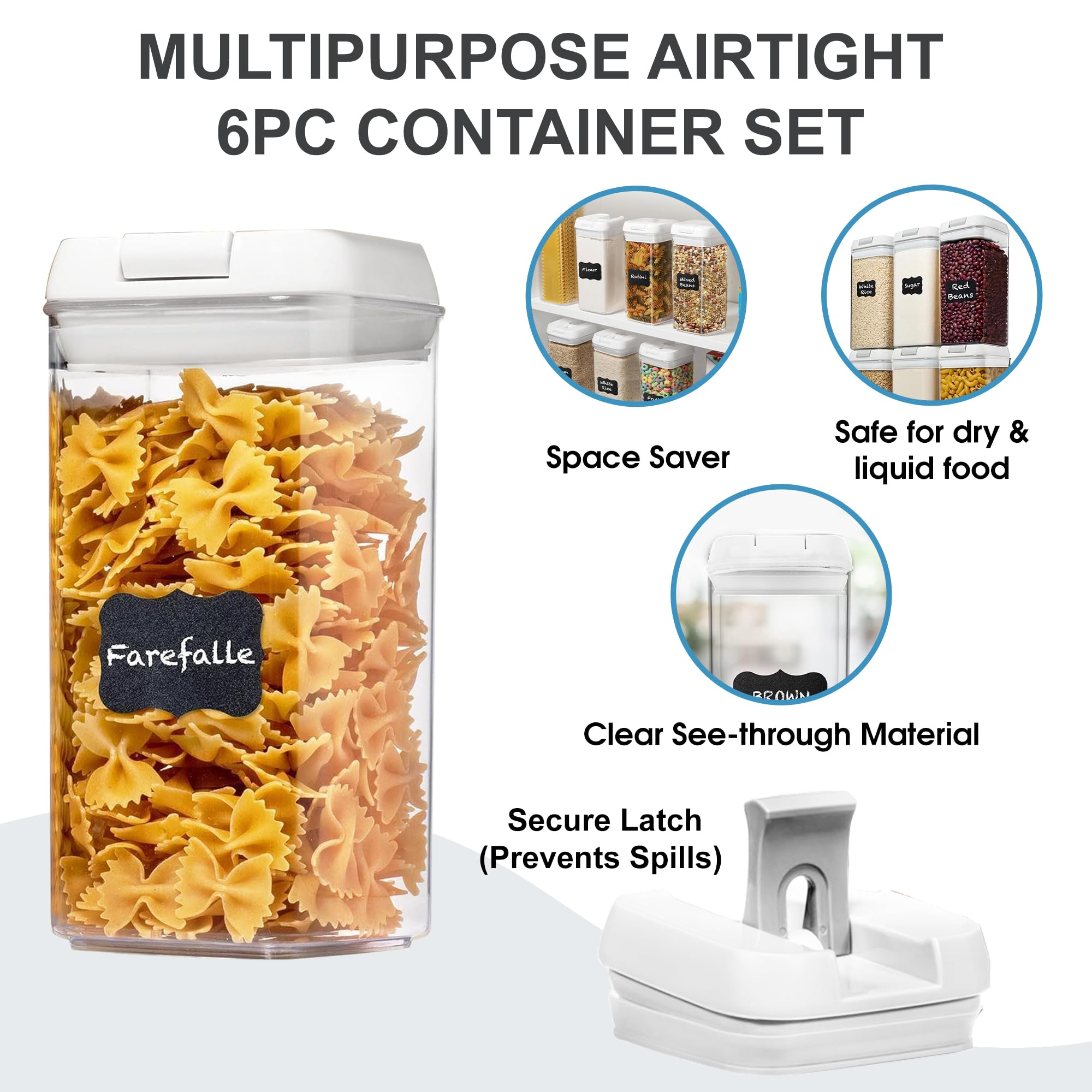 Shazo Airtight Food Storage Containers with Lids - 6 PC BPA Free Clear Plastic Cereal Containers with Easy Lock Lids for Kitchen and Pantry Organization for Snacks and Pasta - 1.2 L