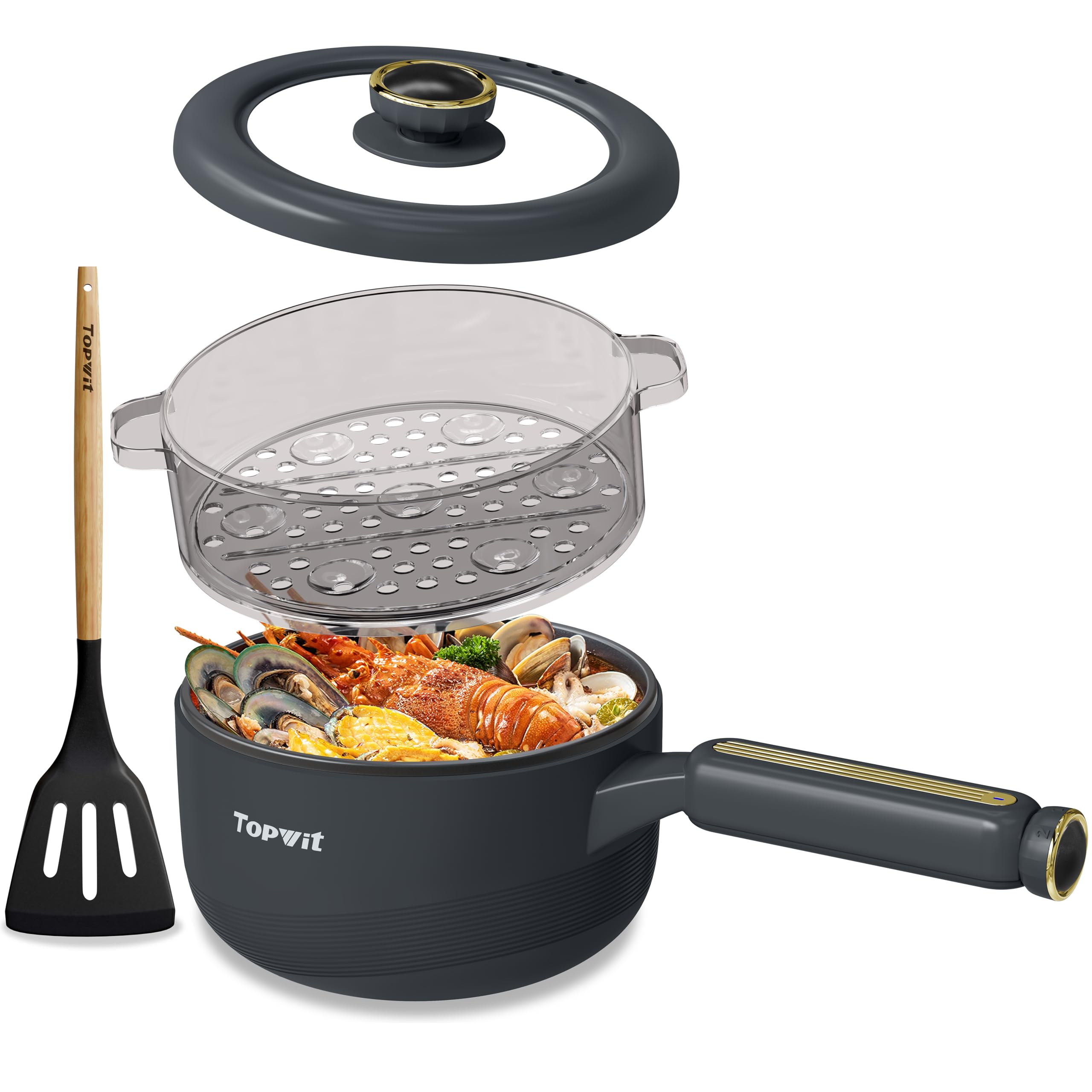 TOPWIT Hot Pot Electric with Steamer, 2L Multifunctional Electric Pot, Non-Stick Fring Pan, Portable Pot for Steak, Fried Rice, Ramen, Soup with Dual Power Control (Silicone Spatula Included), Grey