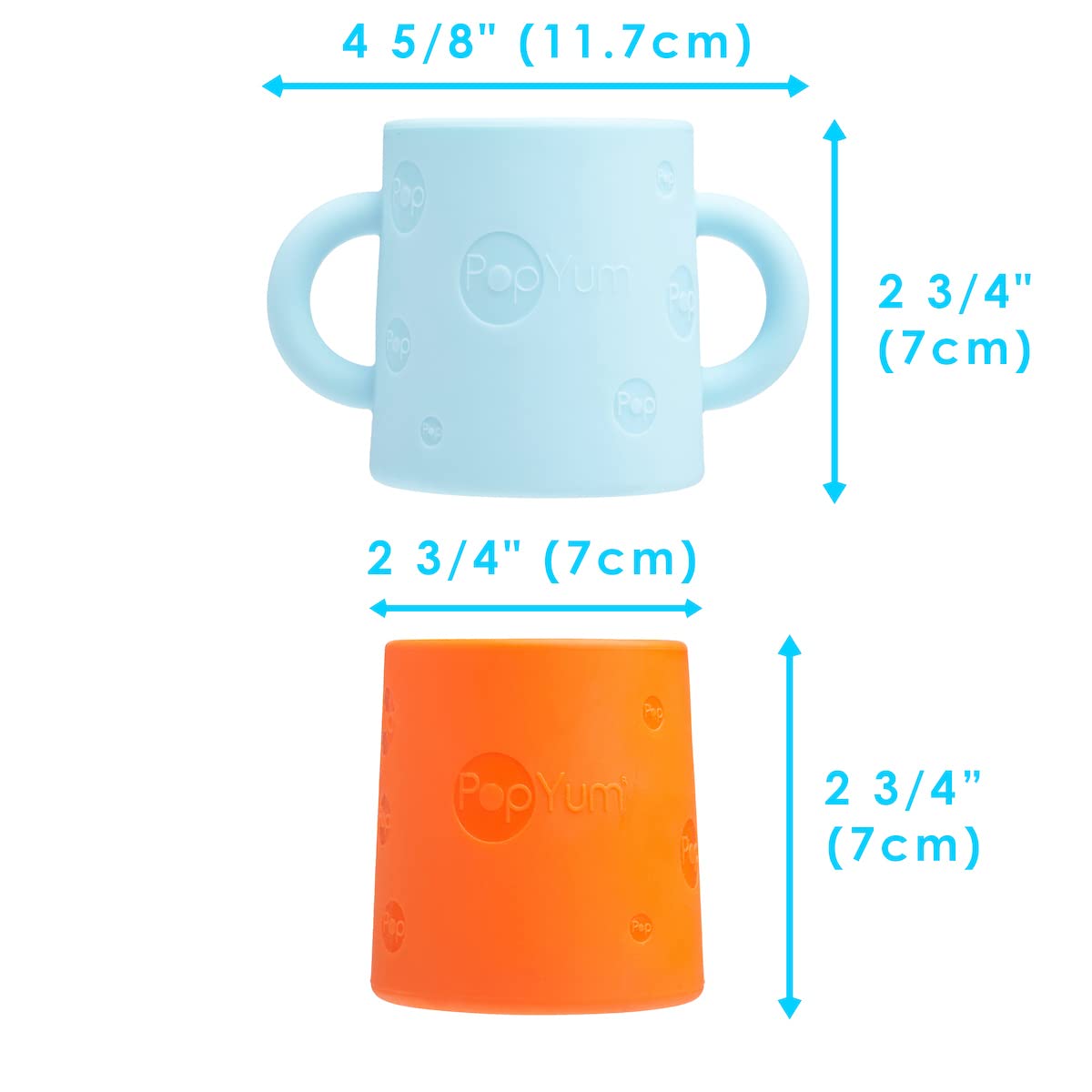 PopYum Silicone Training Cup 2-Pack for Baby and Toddler, handles, BPA Free, self feeding training, tumbler (sky blue and PopYum orange)