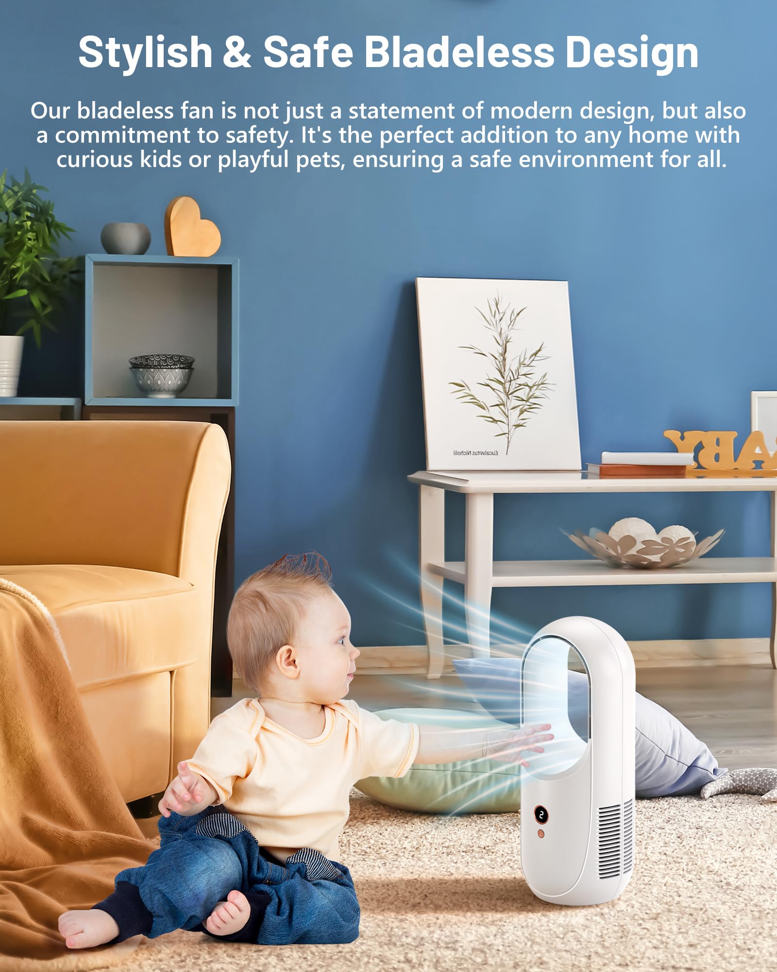 RELEXNOW 13.8" Bladeless Desk Fan - 6 Speed Modes, Small Bladelss rechargeable fan with 6000mAh Battery, Quite Office fan, Easy to Clean & Touch Control, Desk Fan Small Quite for Office, Bedroom