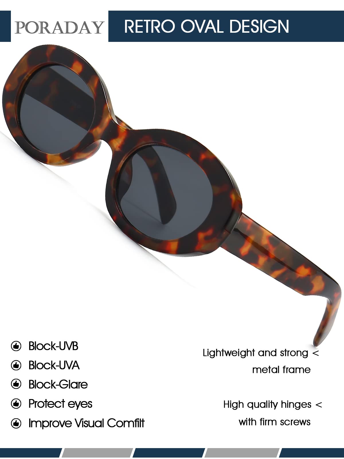PORADAY Modern Thick Oval Sunglasses for Women Fashion Clout Goggles Retro Narrow Chunky Sun Glasses Gradient Shades Round 90s (Leopard/Grey)
