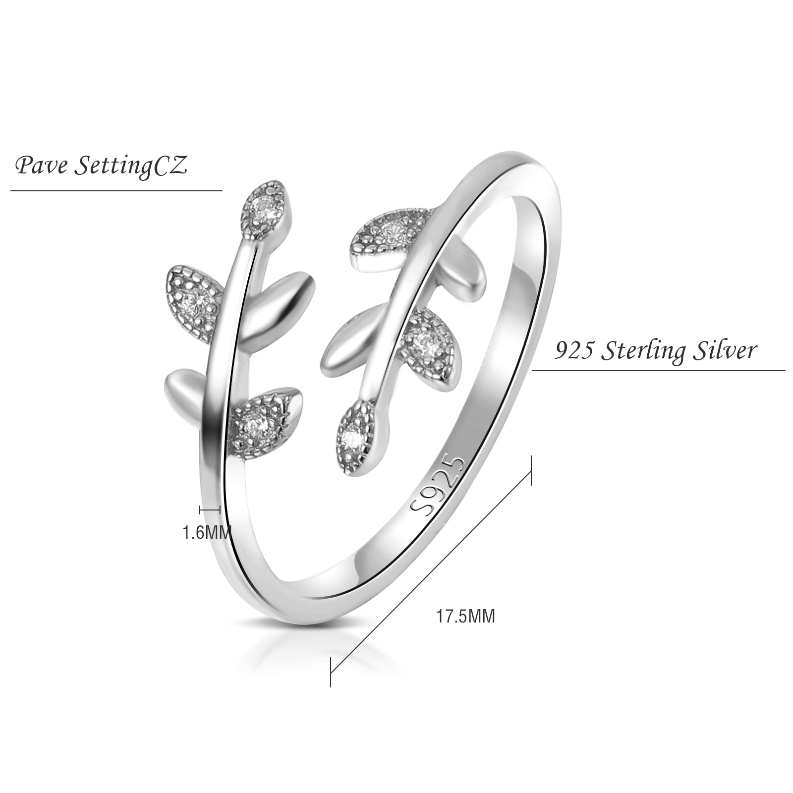 LOVECOM 925 Sterling Silver Leaf Rings With Zircon for Women Open Adjustable Statement Wedding Bands Jewelry Gifts for Her (Silver)