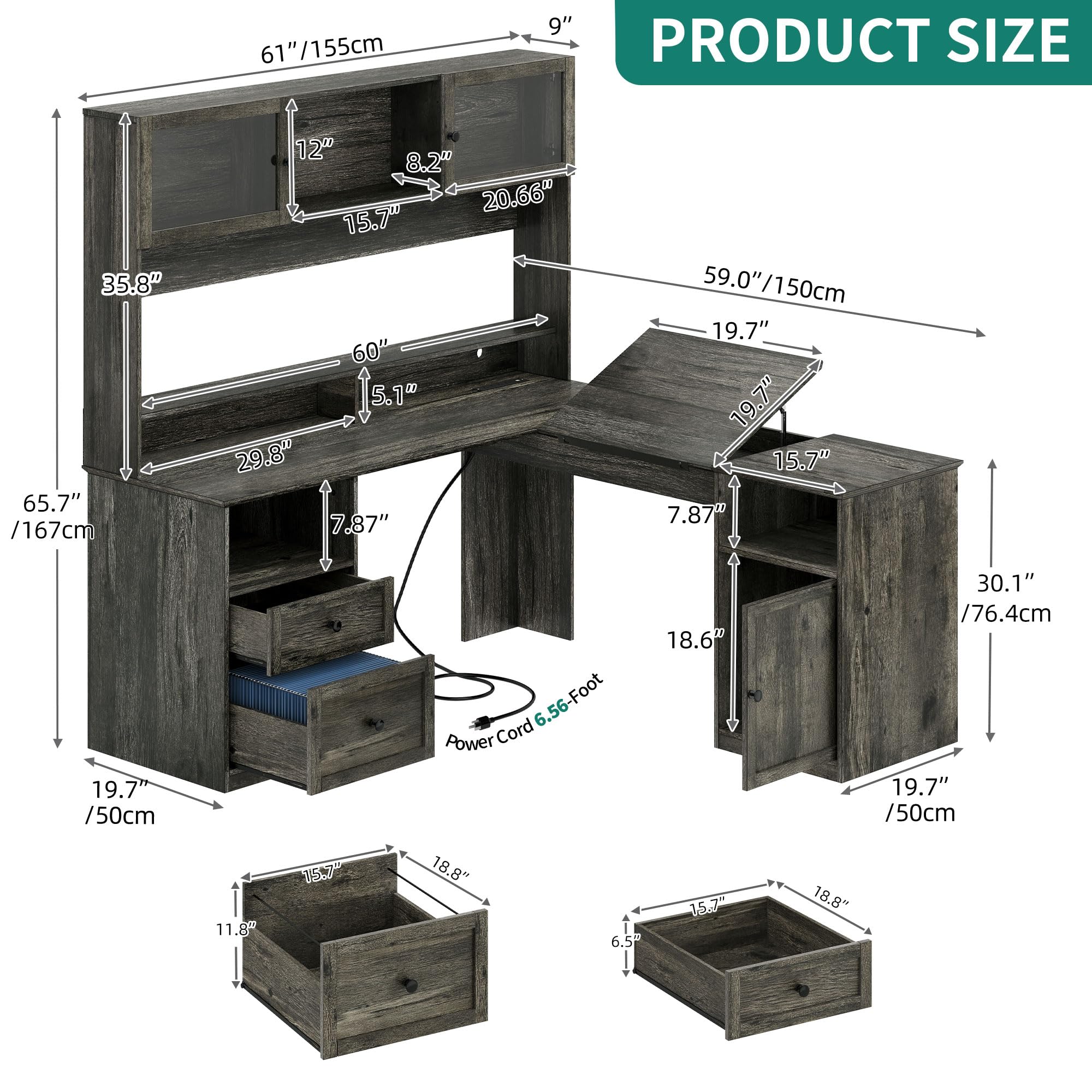 YITAHOME L Shaped Desk with Drawers & Hutch, 61" Computer Desk with Power Outlets & LED Lights, Corner Office Desk with Storage Cabinet, Drafting Table, Wood Desk, Grey