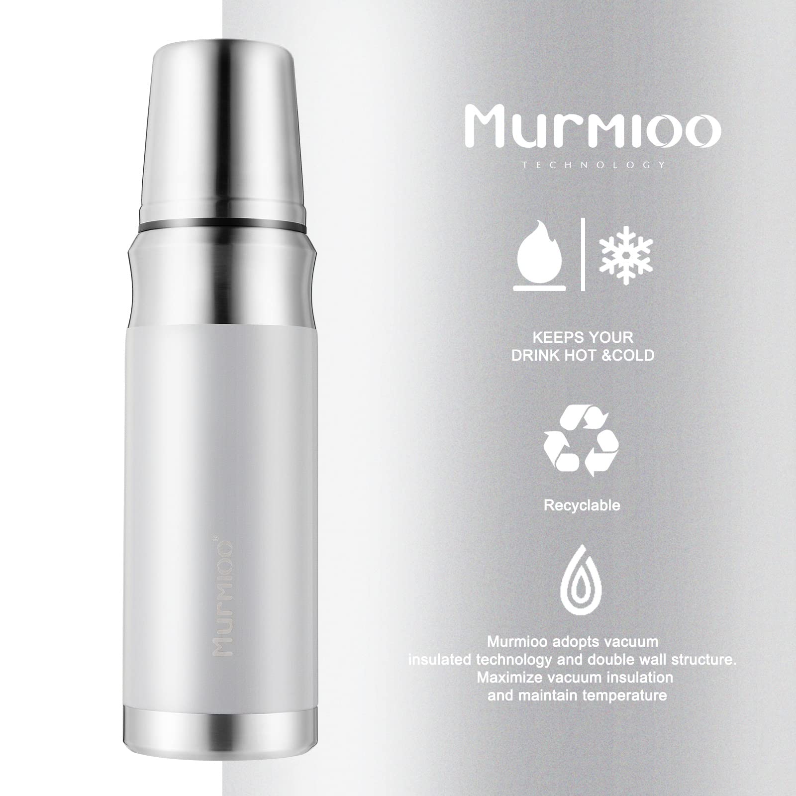 Murmioo travel vacuum flask,stainless steel insulated bottle, built-in cap cup, cold for 24 hours, heat for 12 hours, BPA Free leak proof, sweat free 17oz/500ml Gray