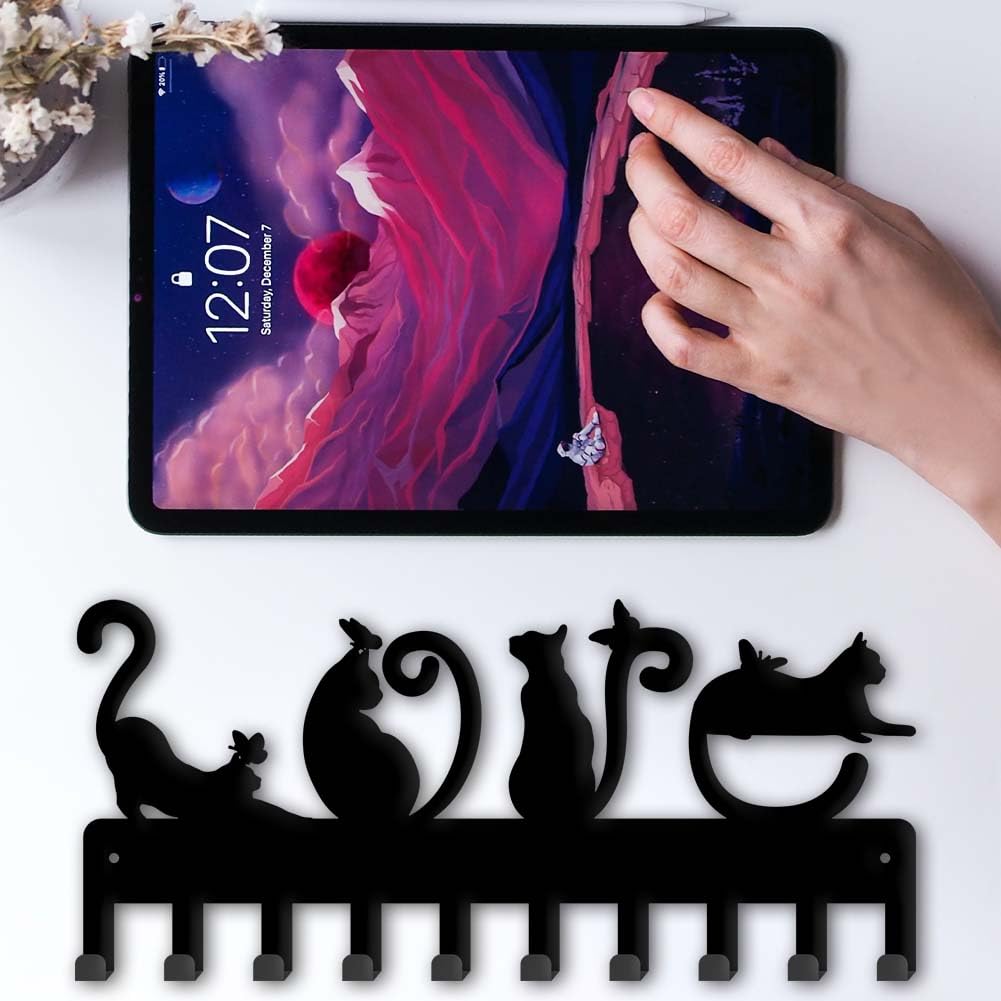 SUPERDANT Cats Metal Key Holder Cat Love Decorative 10 Hook Key Rack Organizer Wall Mounted Entryway Key Belt Umbrella Hooks Personalized Key Hanger Cat Lovers Gift for Wall Decoration