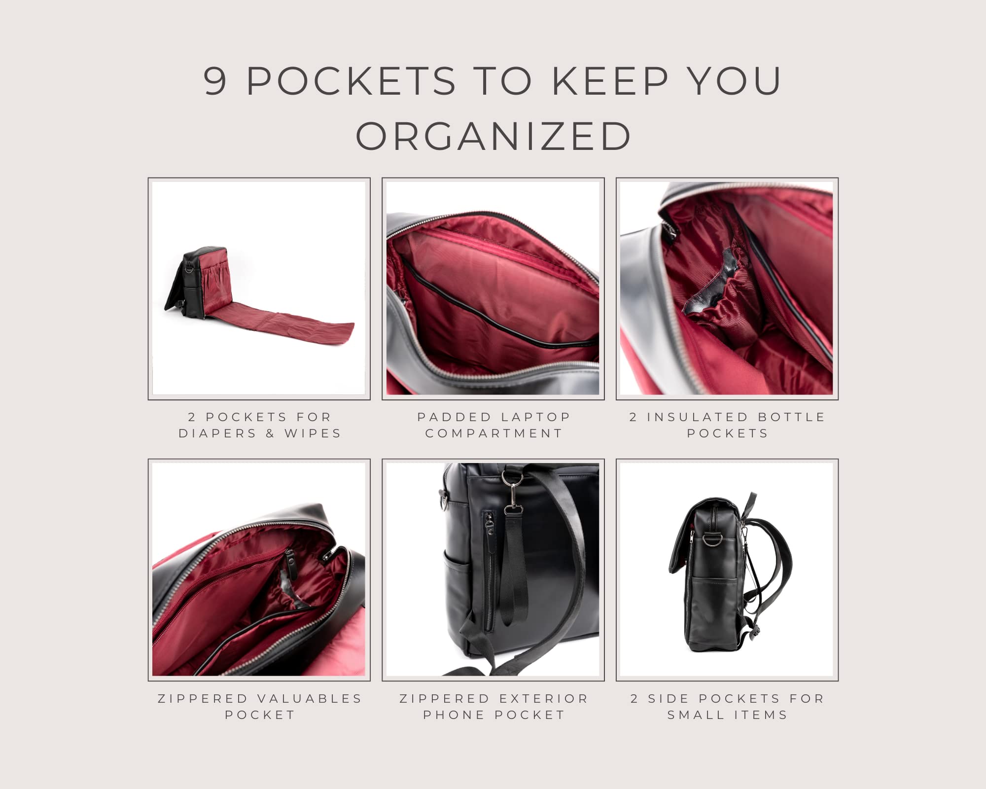 SOPO Diaper Bag Backpack with Built-in Changing Station, Bottle Pockets, Stroller Straps, 3 Ways to Carry, 9 Pockets, Laptop Compartment, Easy-Care Vegan Leather