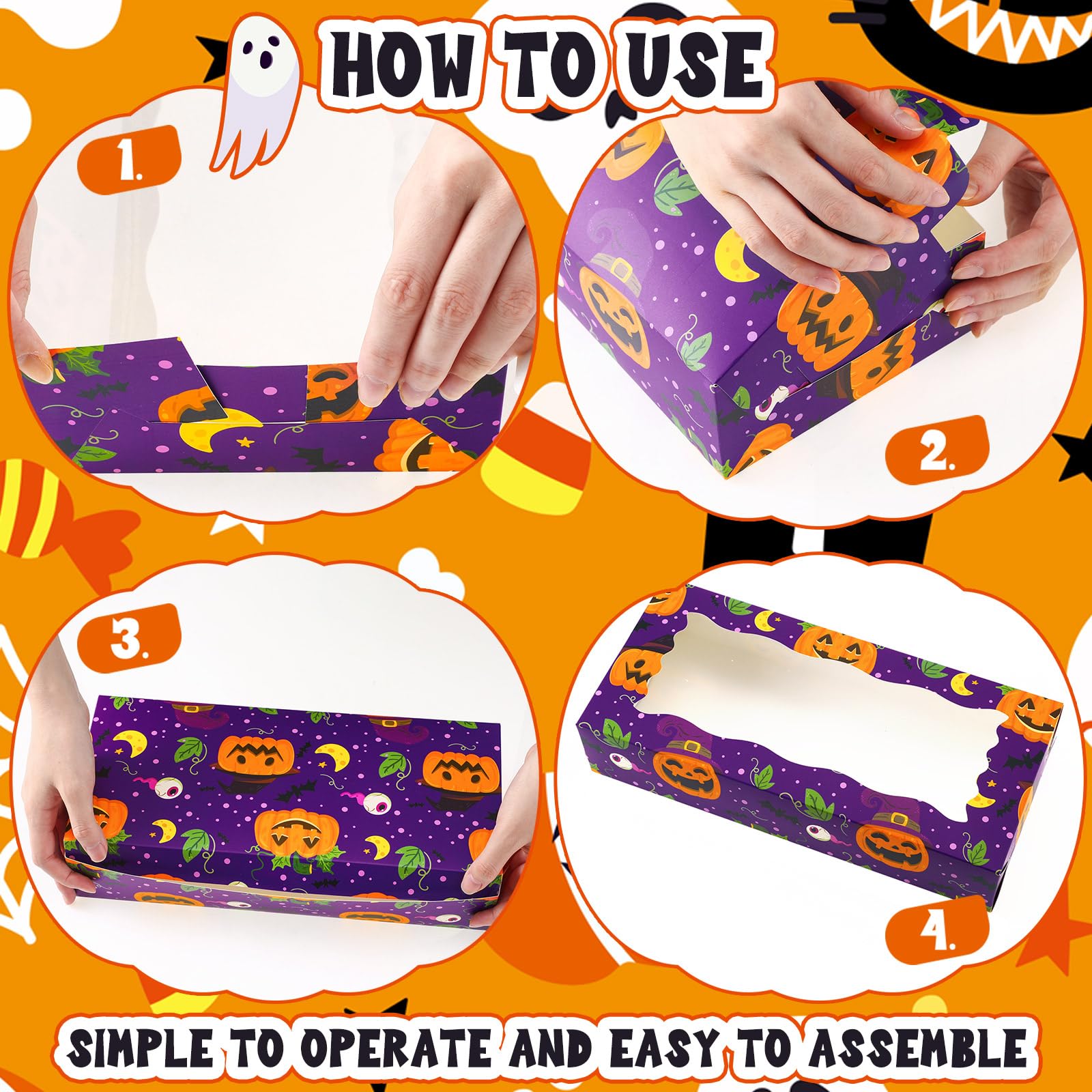 ReliThick 36 Pcs Halloween Cookie Boxes with Window 12 x 5.5 x 2.5 Inch Halloween Bakery Box Treat Boxes Dessert Boxes with Window for Cupcake Donuts Candies Pies Halloween Party Favors