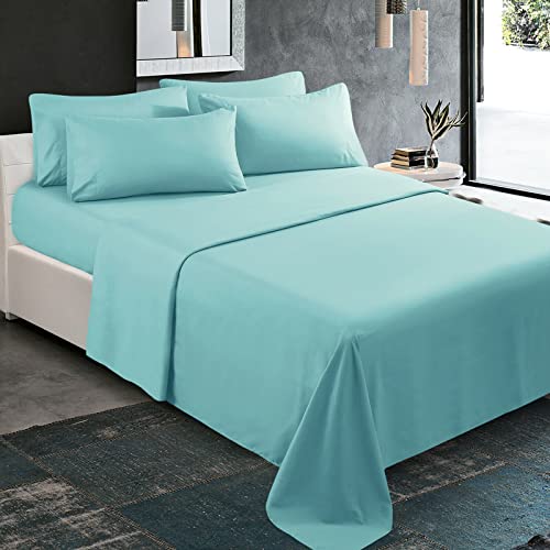 KBC linen 6 Piece Hotel Luxury Ultra-Soft 100% Cotton Bed Sheets Set, 21" - 24" Deep Pocket Fitted Sheet, Wrinkle Free, Real 800 Thread Count Bedding Set (Queen, Aqua)