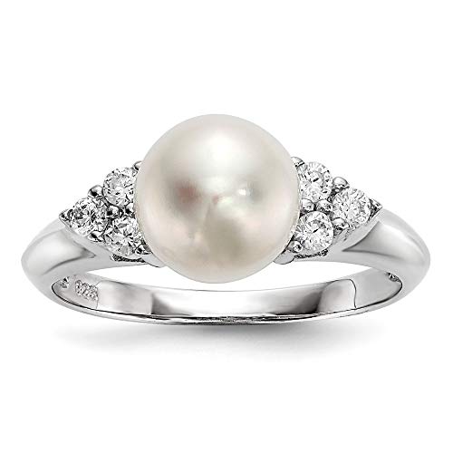 IceCarats 925 Sterling Silver 8mm White Button Freshwater Cultured Pearl Cubic Zirconia CZ Ring Size 7