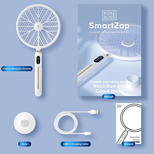 PÜREBLISS Electric Fly Swatter, Distance & Motion Detection, Large Handheld Indoor & Outdoor Mosquito & Bug Zapper Rechargeable , Digital Mosquito Count & LED Light