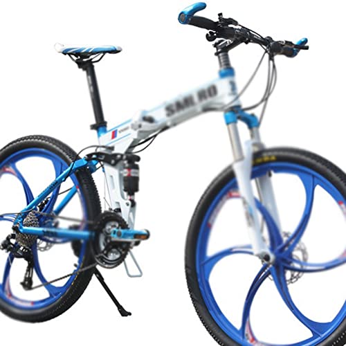 LUGMOzxc Bicycle 26 Inch Folding Bicycle 3x9 Speed Mountain Bike with Full Suspension (Color : White Blue, Size : 27)