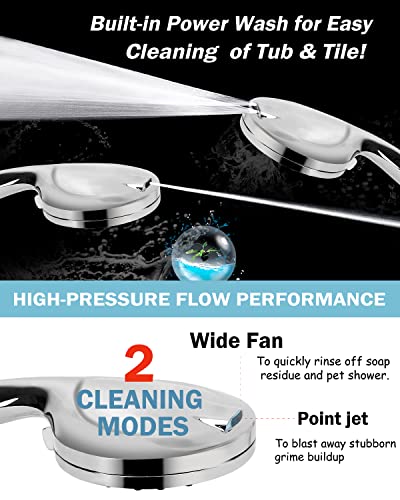 NIKISHAP 10-Mode Shower Head with High Pressure, Polished Finish, Handheld Design, Adjustable Bracket, 5 Ft Hose, and Built-in Power Wash to Clean Tub, Tile, and Pets