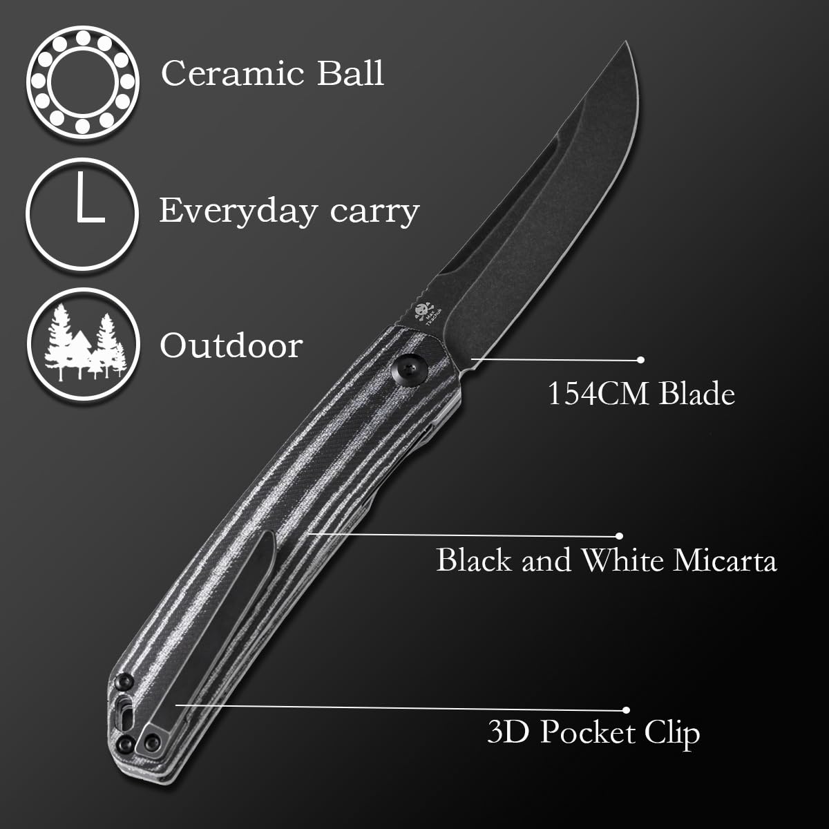 KANSEPT Hazakura EDC Pocket Knife 8.12in Folding Knife with 3.54in Black 154CM Material,Black and White Micarta Handle, Pocket Tactical Knife for Men,Easy Open,Envelope Opener T1019C4