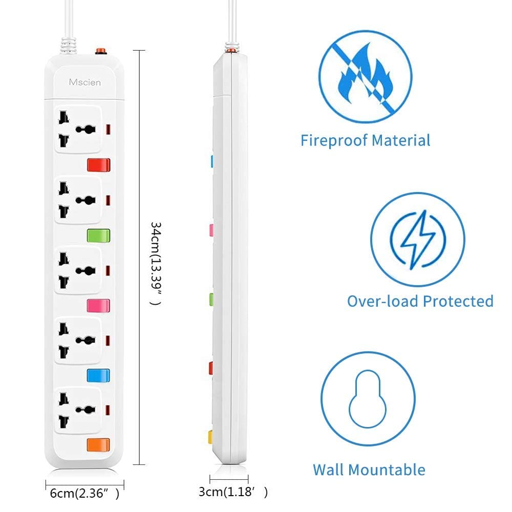 Mscien European Travel Plug Adapter Individual Switched, 5 Way Universal Power Strip with 1.8M Extension Cord