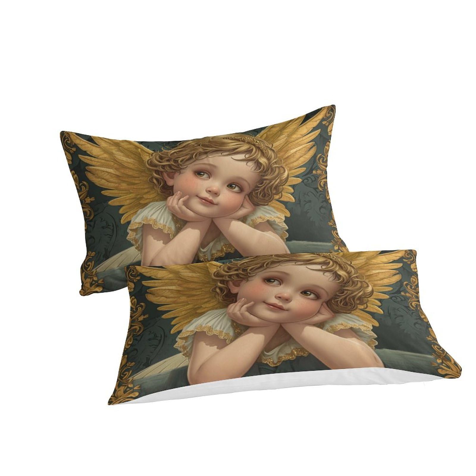 SorEci Cherubs 3pcs 3D Bedding Set Golden Wings Duvet Cover Set Bed Printed Quilt Cover Bed Linens with 2 Pillowcases with Zipper All Season Queen(228x228cm), Style-3