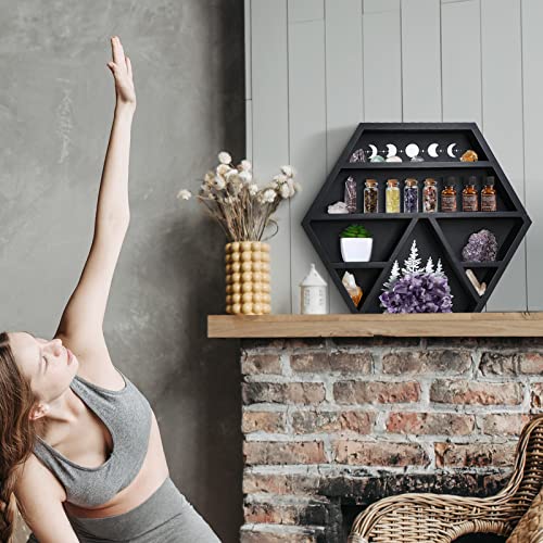 Unistyle Crystal Shelf Display Crescent Moon Shelf, Hexagon Crystal Holder for Stones, Essential Oils & Whichy Shelves Wood Crystal Wall Decor, Black Rustic Wooden Display for Boho Meditation Decor