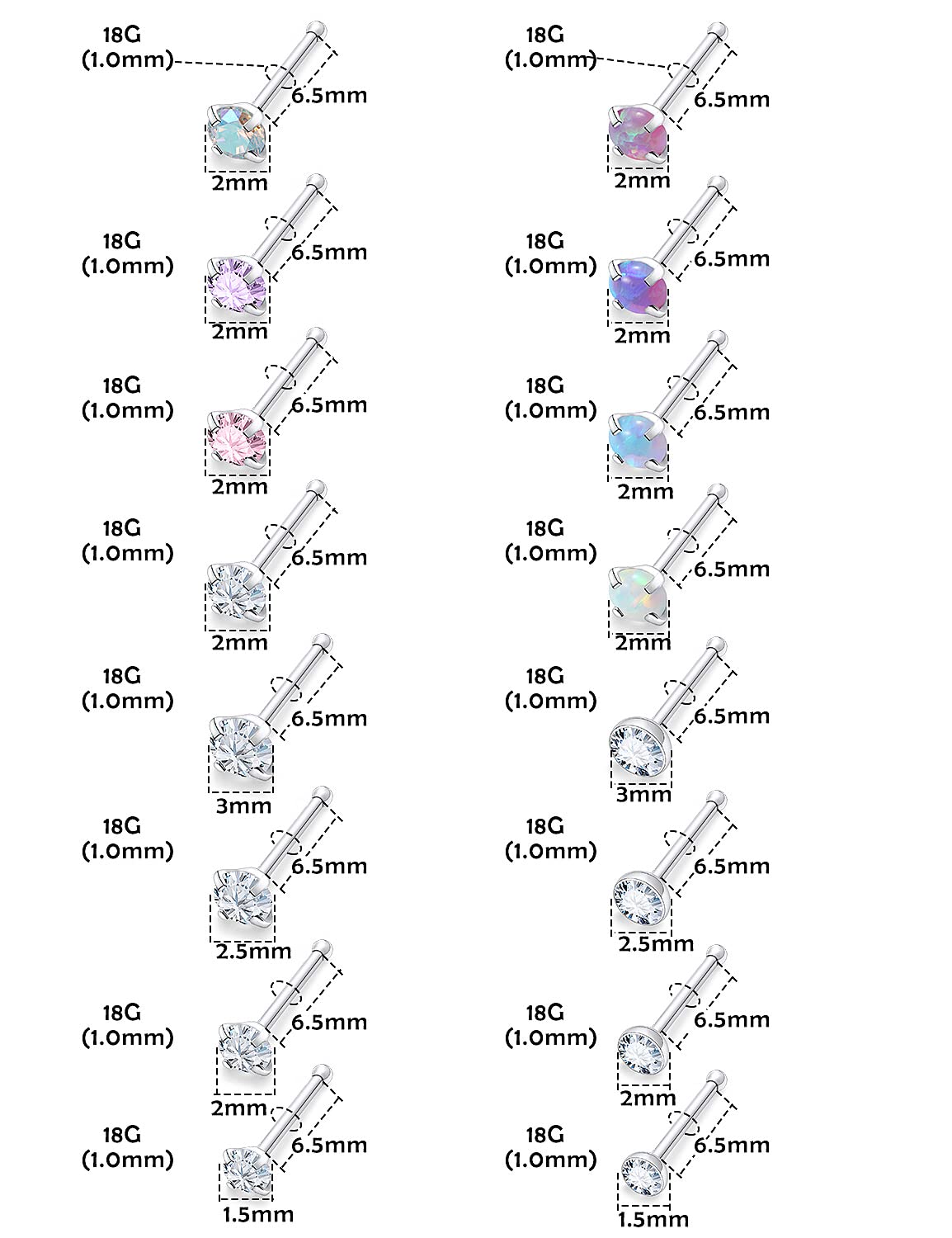 Lsnevsie Nose Rings Studs for Women 18G 316L Surgical Stainless Steel Straight Silver Opal Hypoallergenic Nose Nostril Stud Ring Pin Bone Body Piercing Jewelry for Men Diamond CZ 1.5mm 2mm 2.5mm 3mm