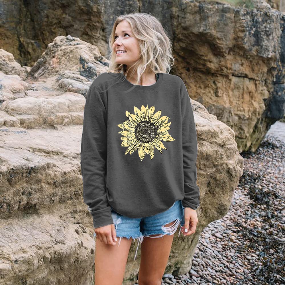 KIMSOONG Sunflower Sweatshirt Women Funny Flower Graphic Long Sleeve Cute Floral Pullover Faith Tee Tops Winter Sweater Top Grey