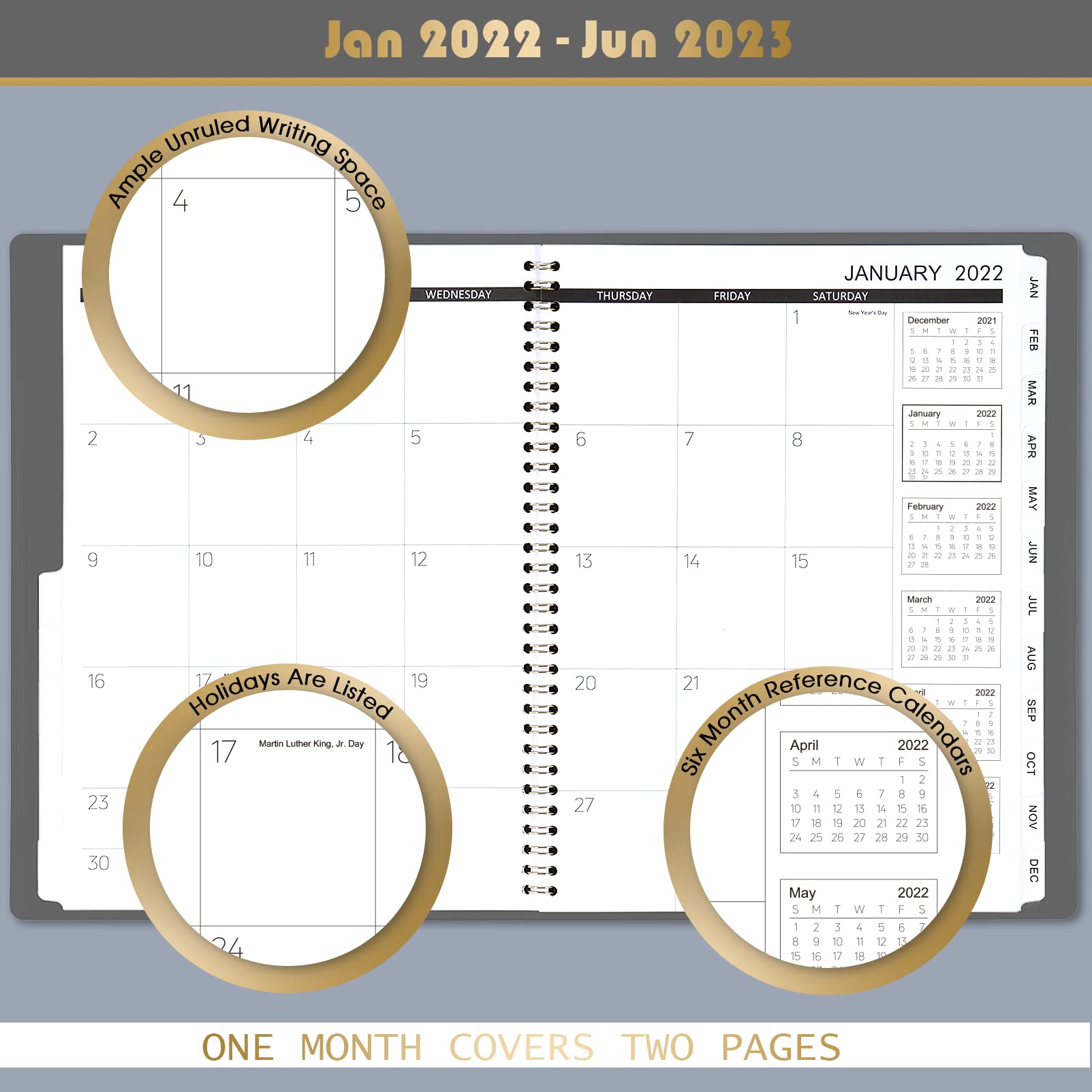 Monthly Planner 2022-2023 - 2022 Monthly Planner, Jan. 2022 - Jun. 2023, 9" x 11" Planner 2022 with Monthly Tabs, 2022 Monthly Planner with Leather Soft Cover, Twin-Wire Binding, Inner Pocket