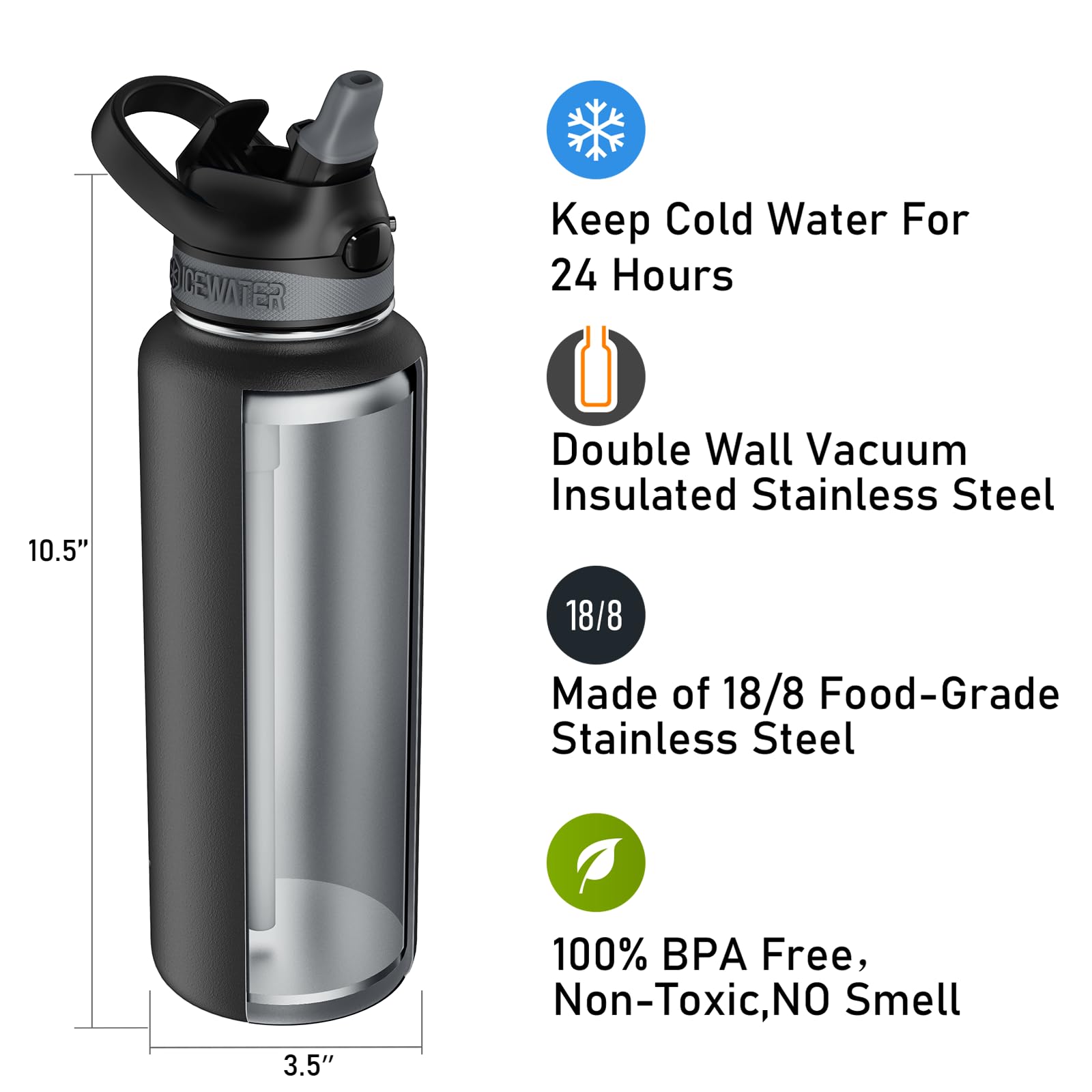 ICEWATER-32 oz, Insulated Water Bottle With Straw and Carry Handle, Leakproof Lockable Lid with Soft Silicone Spout, One-hand Operation, Double Walled Vacuum Stainless Steel (32 oz, Dark Rainbow)