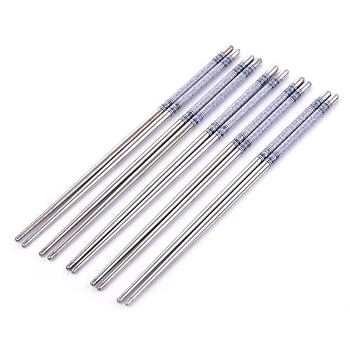 Madames Stainless Steel Chopsticks Kitchen Blue and White Porcelain Printed Chopsticks Reusable Flat Long Handle Chopstick for Home, Kitchen or Restaurant