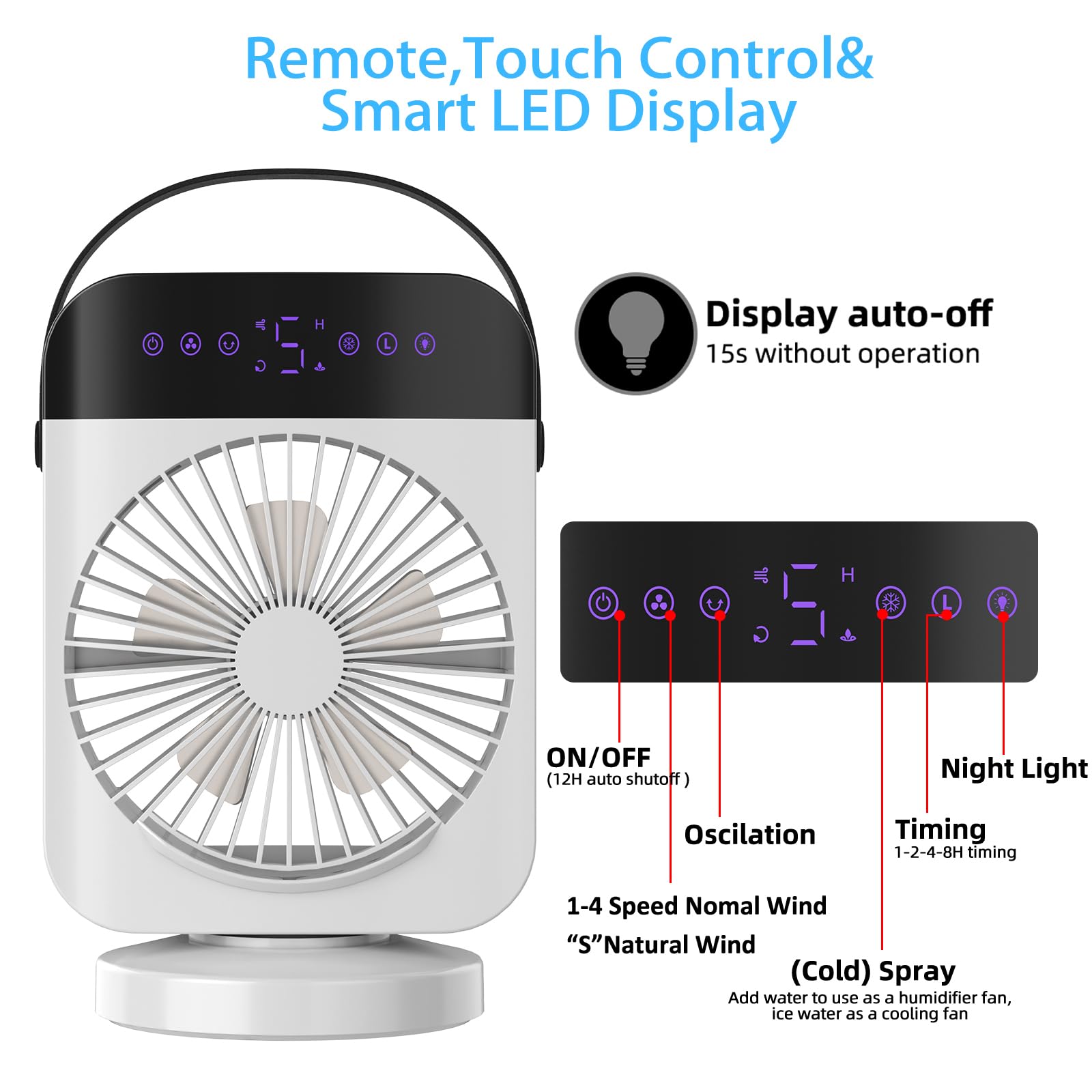 Portable Air Conditioners with Large LED Display, 4-Wind Speed &2-Mist Setting Mini Ac Unit, Small Air Cooler with Oscillation/Timer/Light Function, Personal Cooling Fan For Room Home Office